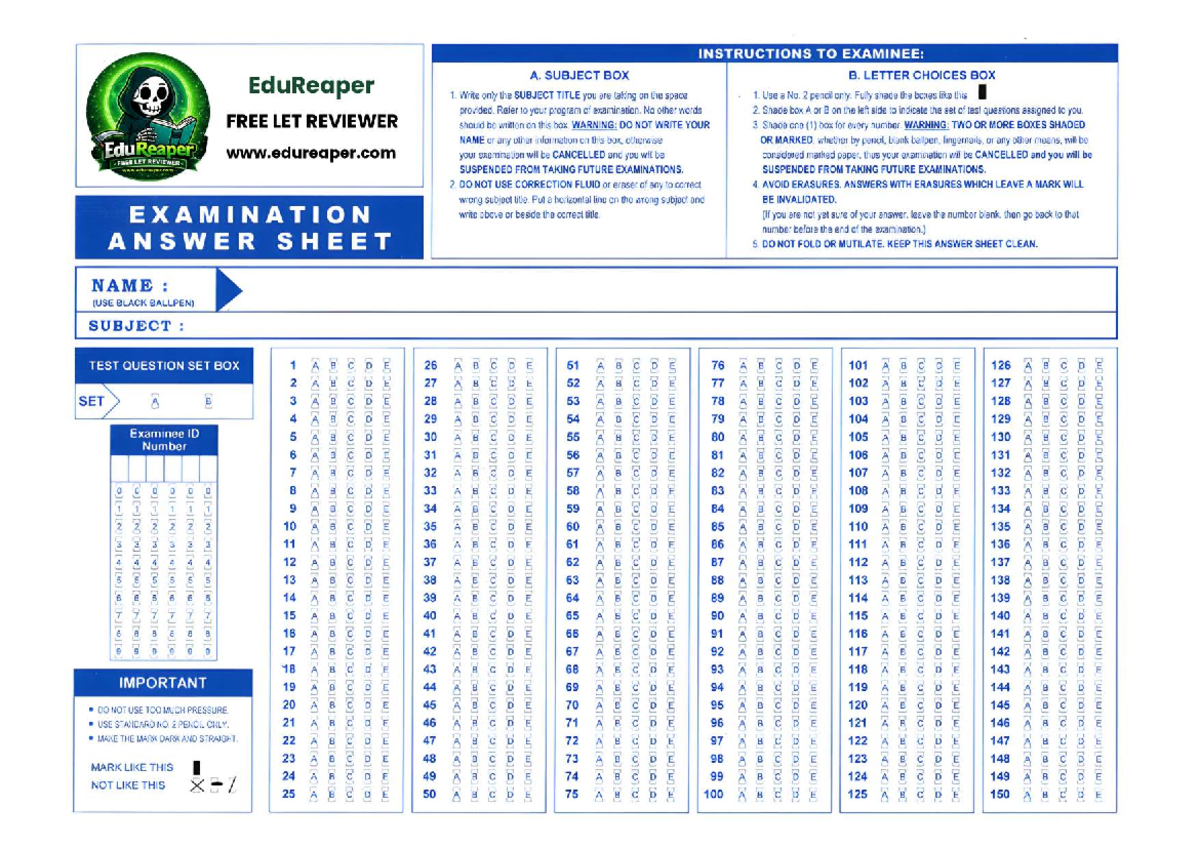 EduReaper LET Exam Instructions & Answer Sheet Guidelines - Studocu