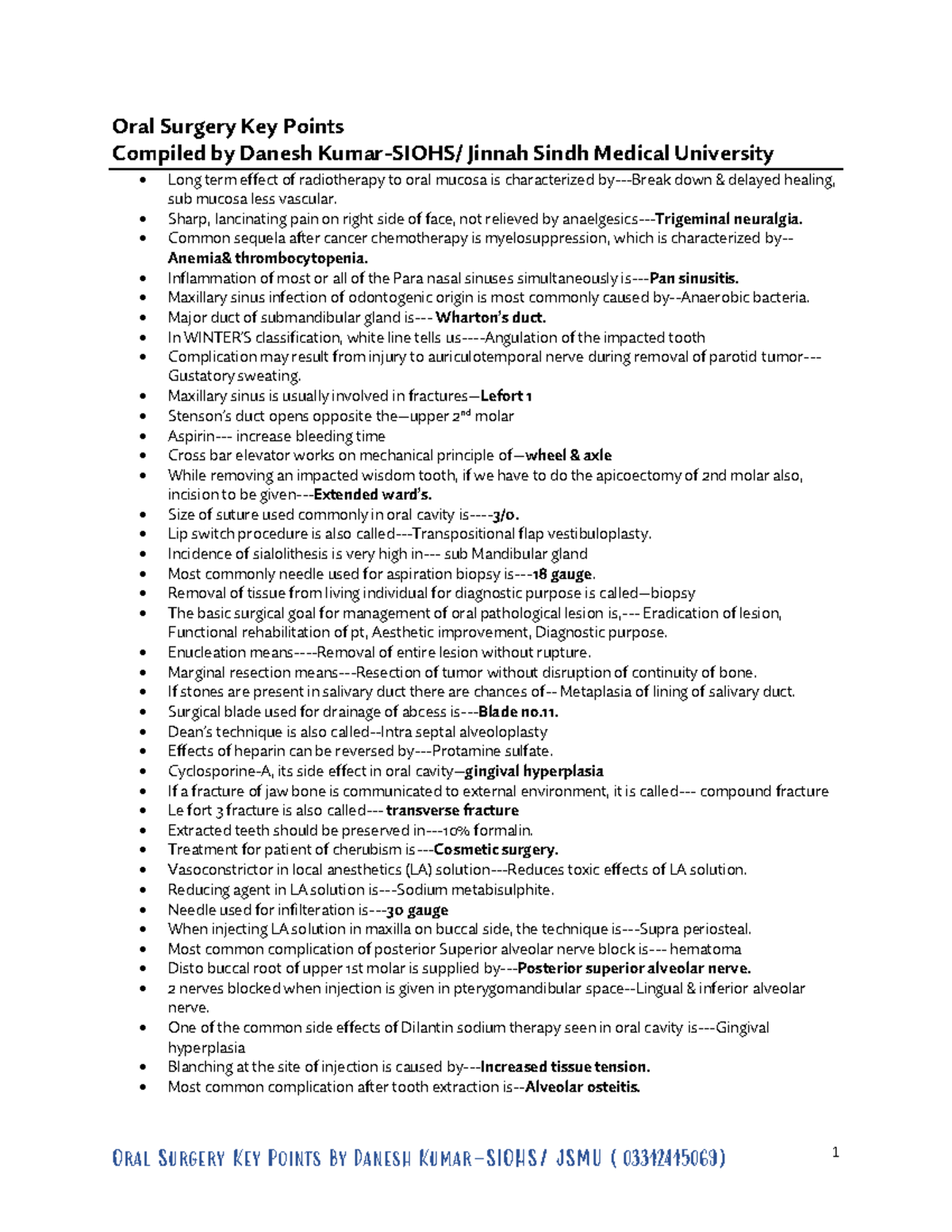 OS- Oral Surgery Key Points Revision Notes by Danesh Kumar - Studocu