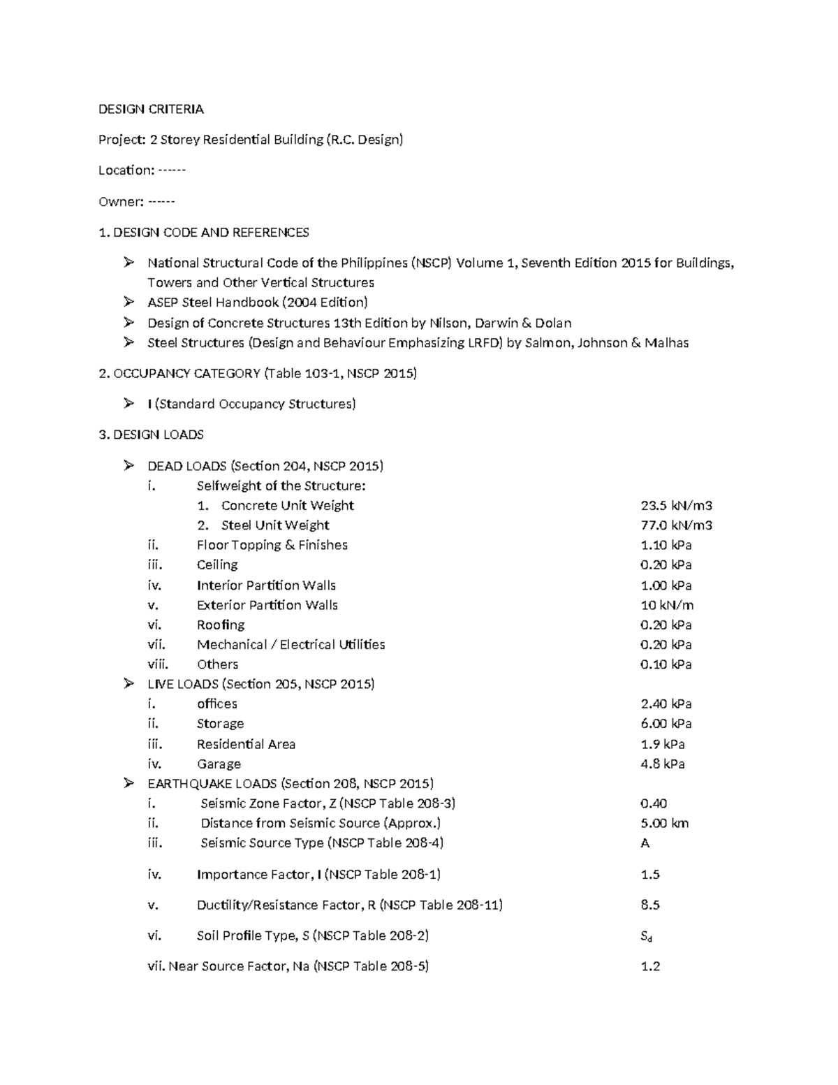 DESIGN CRITERIA for 2 Storey Residential Building (R.C. Design) - Studocu