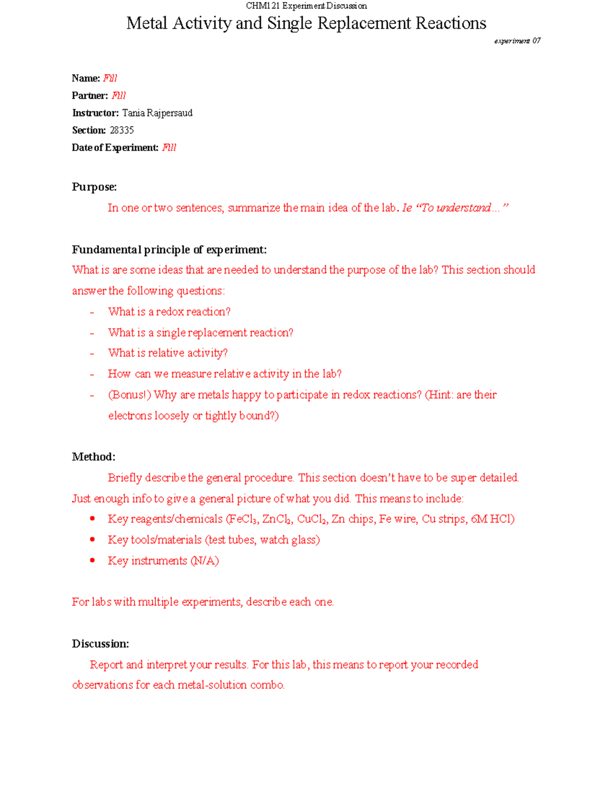 Report 07 example - lab - CHM121 Experiment Discussion Metal Activity ...