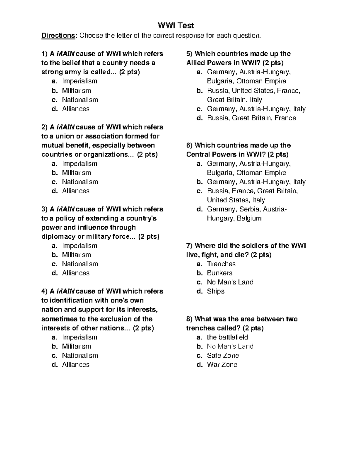 Converted - answers for this test - WWI Test Directions: Choose the ...