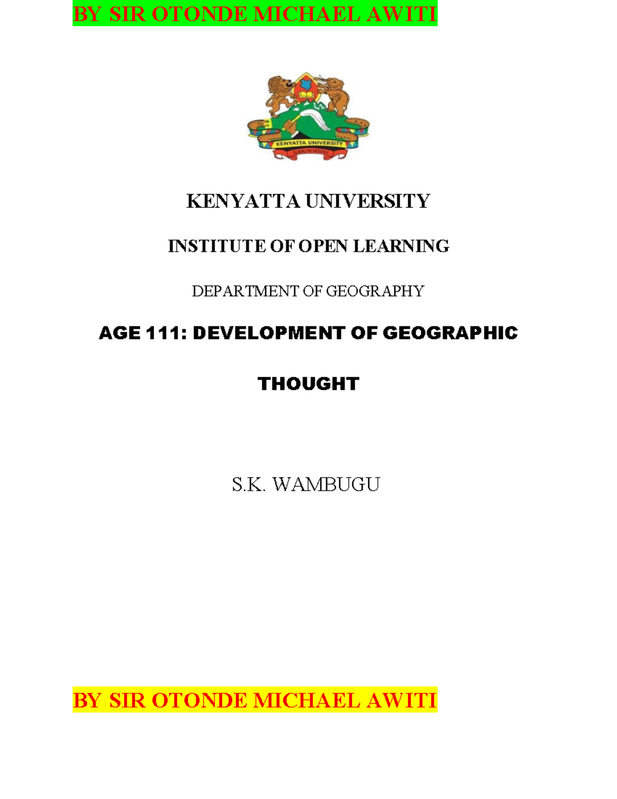 AGE111 Lecture Notes: Development of Geographic Thought by SIR Otonde ...