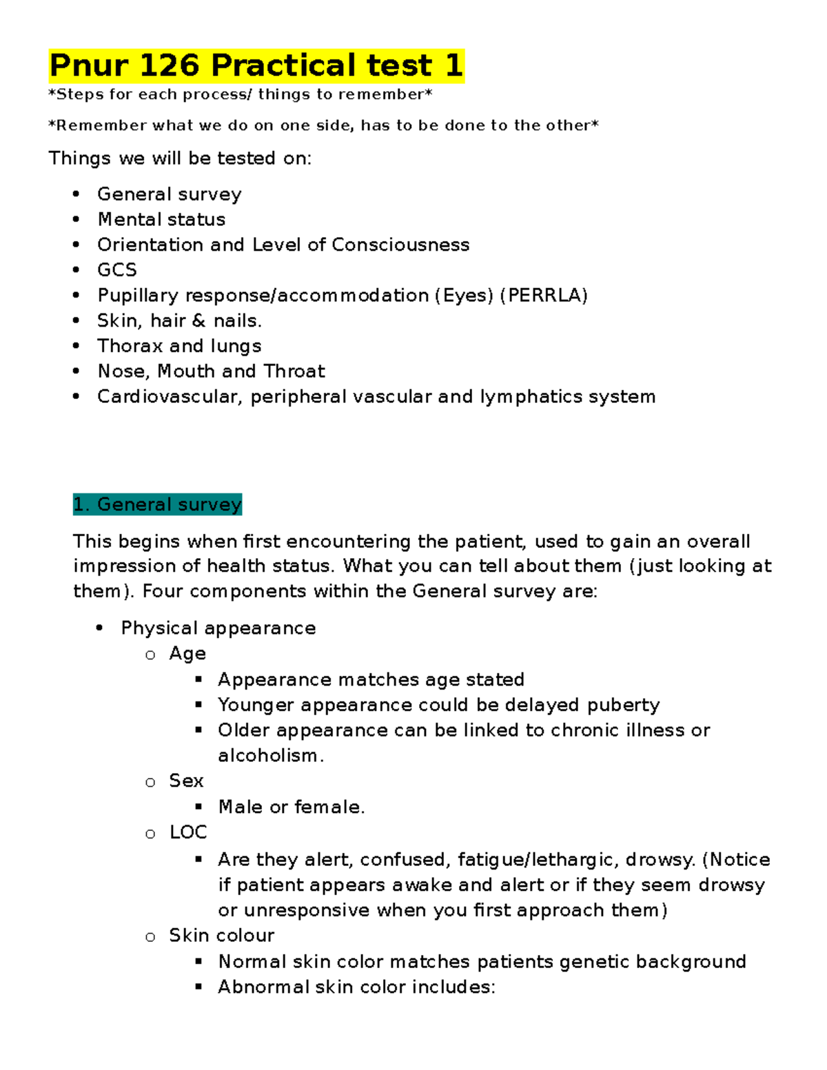 PNUR 126 Practical Test 1: Comprehensive Patient Assessment Guide - Studocu