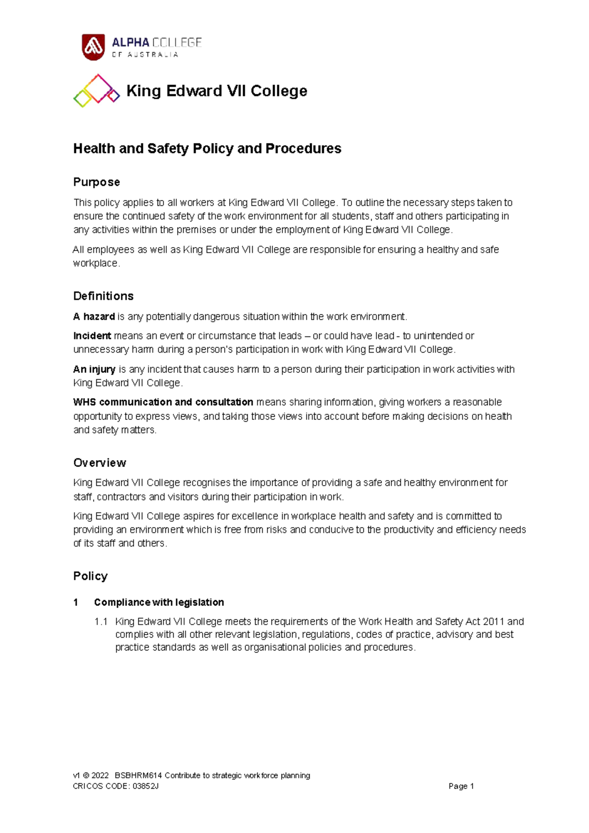 Health and Safety Policy & Procedures - BSBHRM614 - Studocu