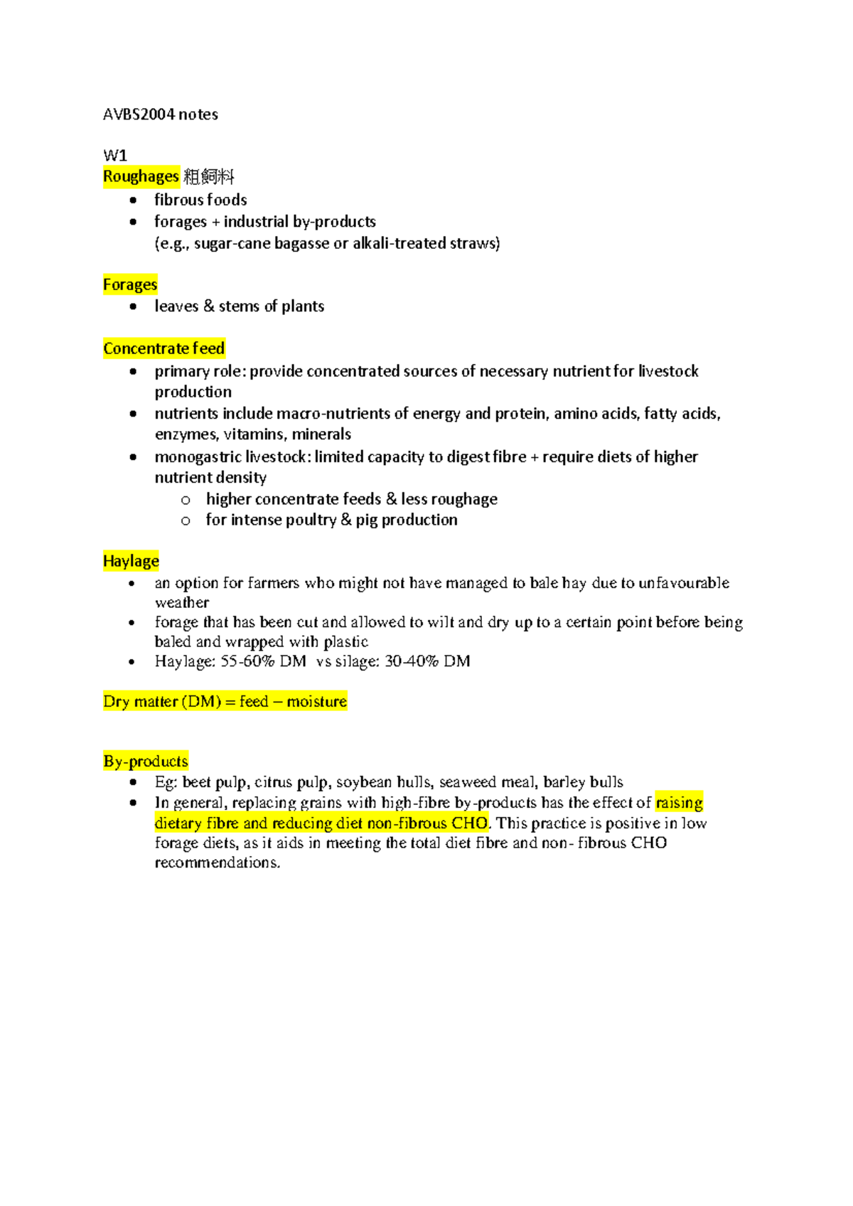 Lecture notes ANSC3101 Animal nutriton - AVBS2004 notes W Roughages 粗飼料 ...