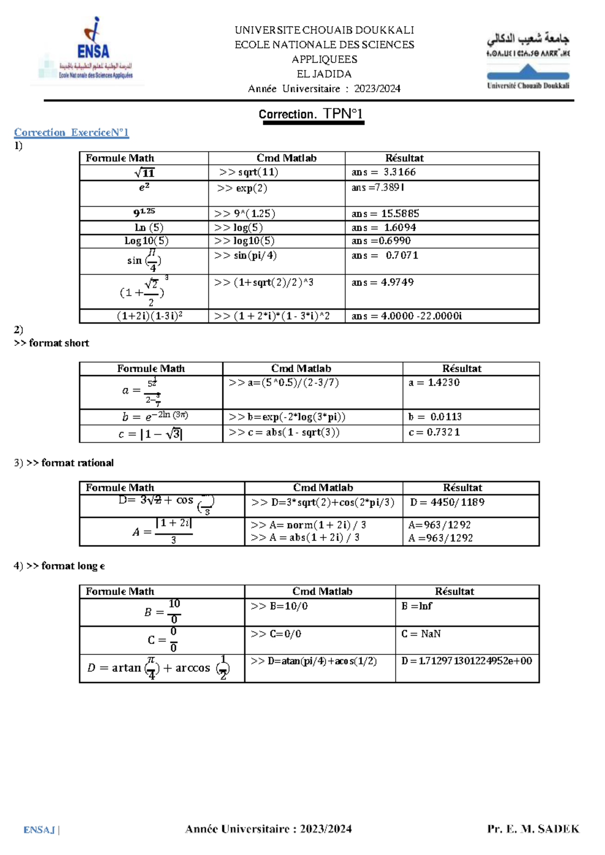 Correction TP 1 Matlab - Université Chouaib Doukkali ENSAJ - Studocu