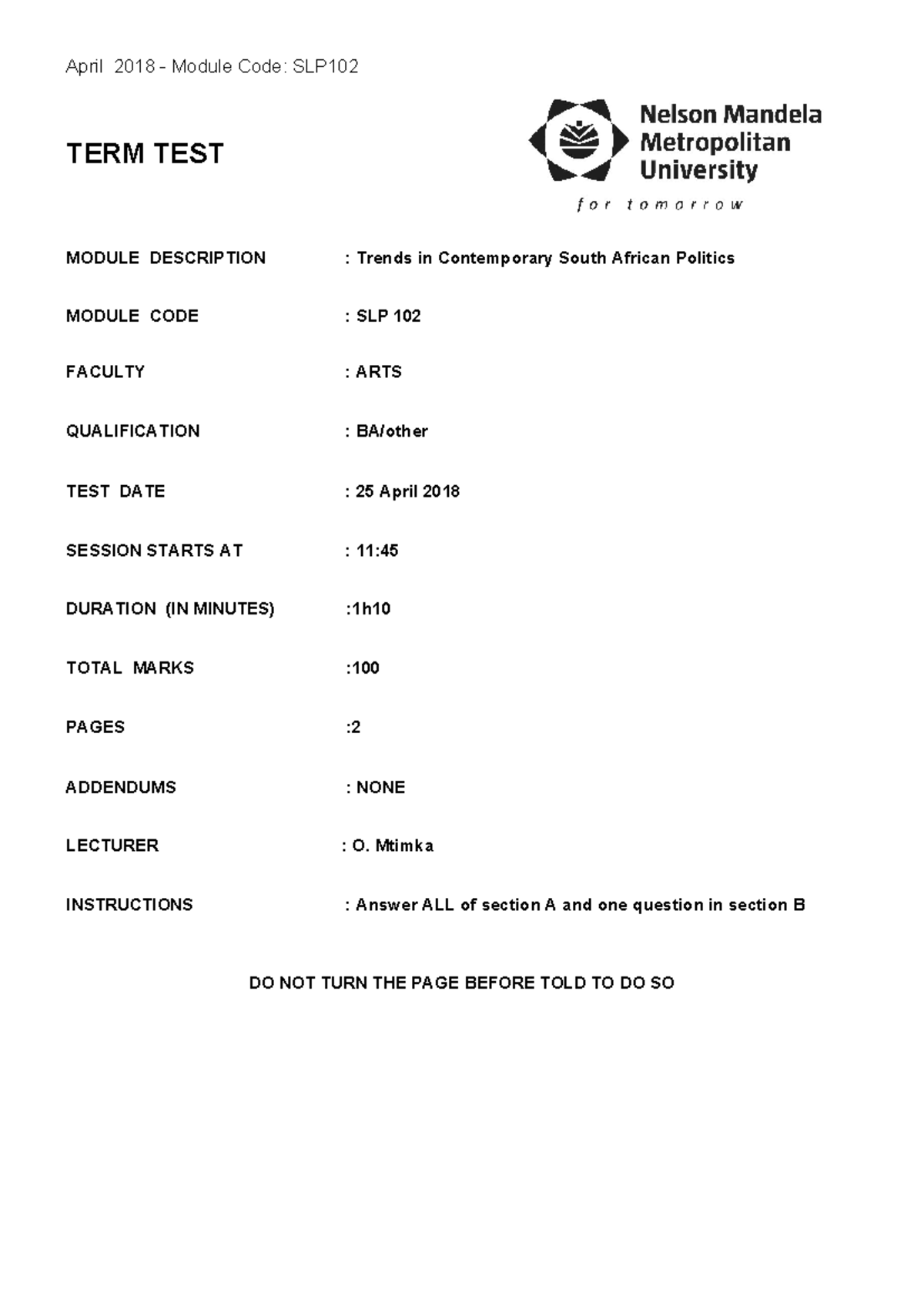 SLP102 April 2018 Term Test: Trends in SA Politics Past Paper - Studocu