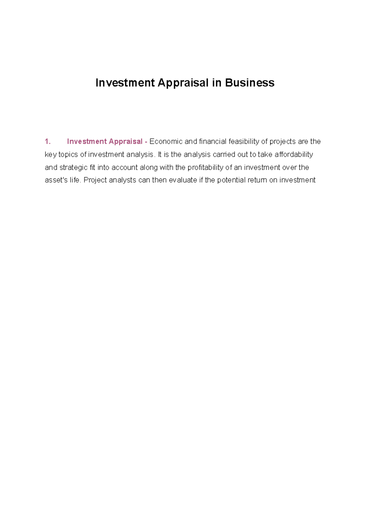 Investment-appraisal-in-business-notes - Investment Appraisal in ...