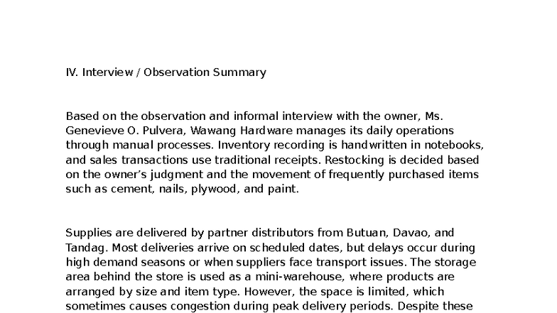 IV. Interview Observation & SWOT Analysis of Wawang Hardware - Studocu