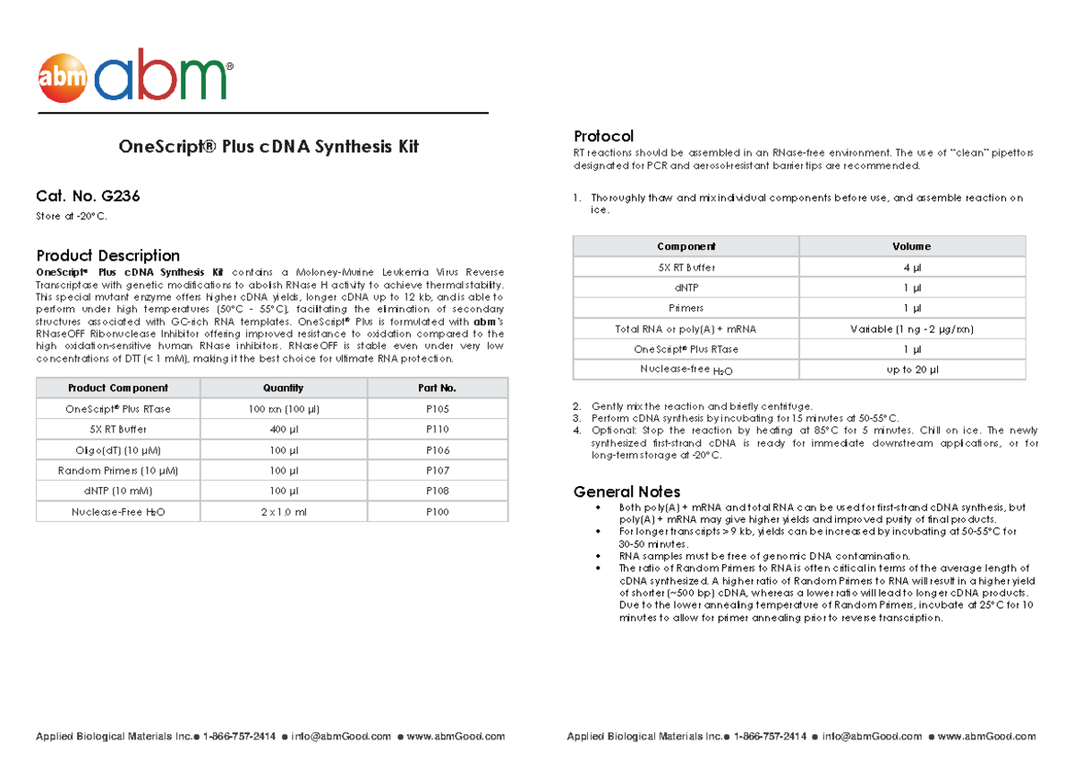 G236 Protocol Plus cDNA Synthesis Kit Data Sheet - Studocu