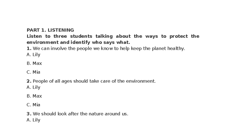 Listening Practice: Environmental Awareness & Language Skills - Studocu