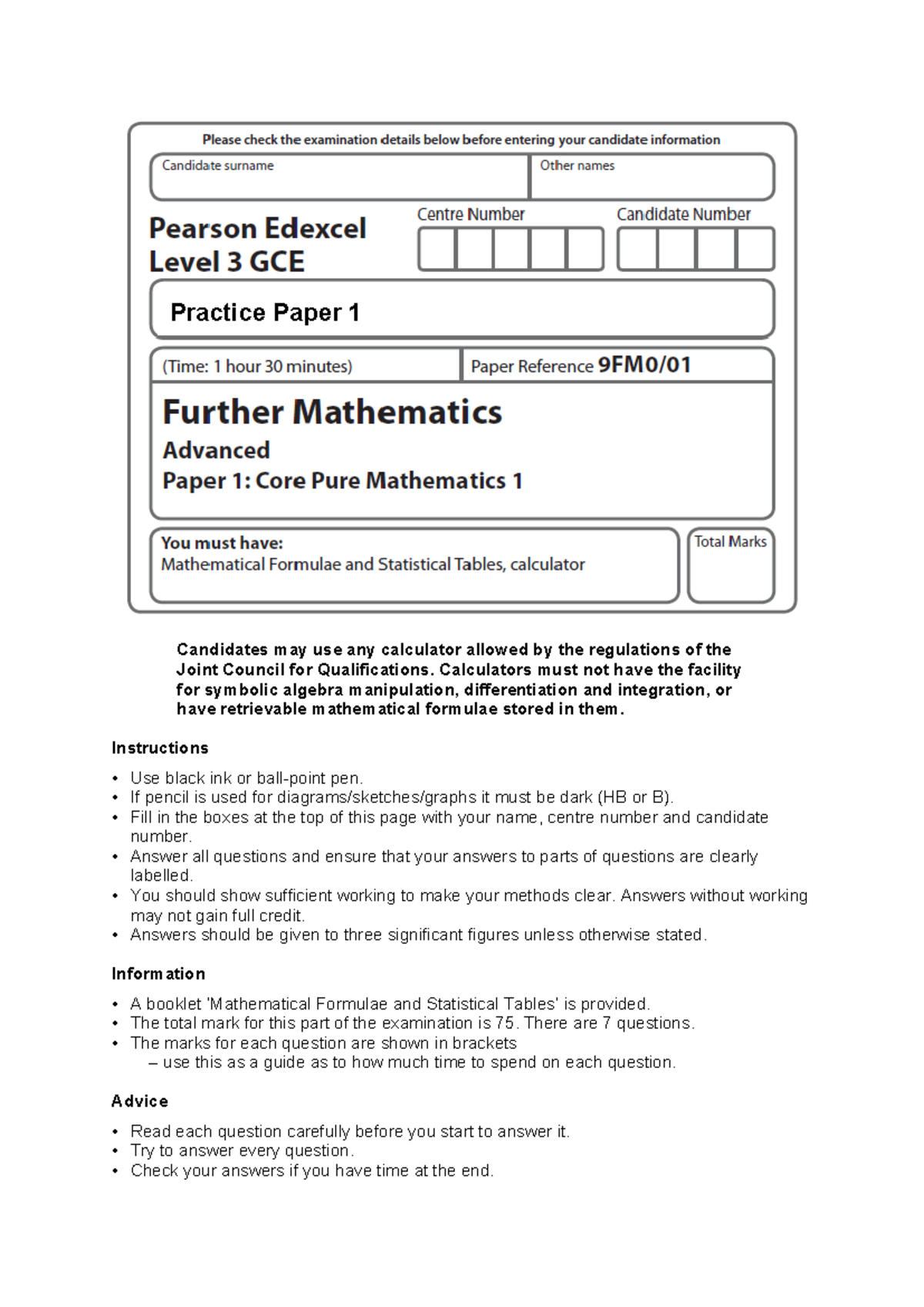 09. Active L Core Pure 1 - Practice Paper - Candidates may use any ...