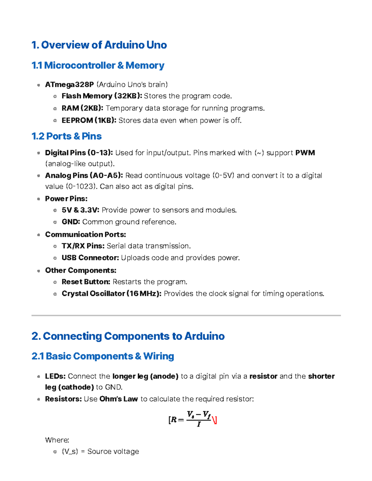Circuits Lab Summary: Overview of Arduino Uno & Programming Basics - Studocu