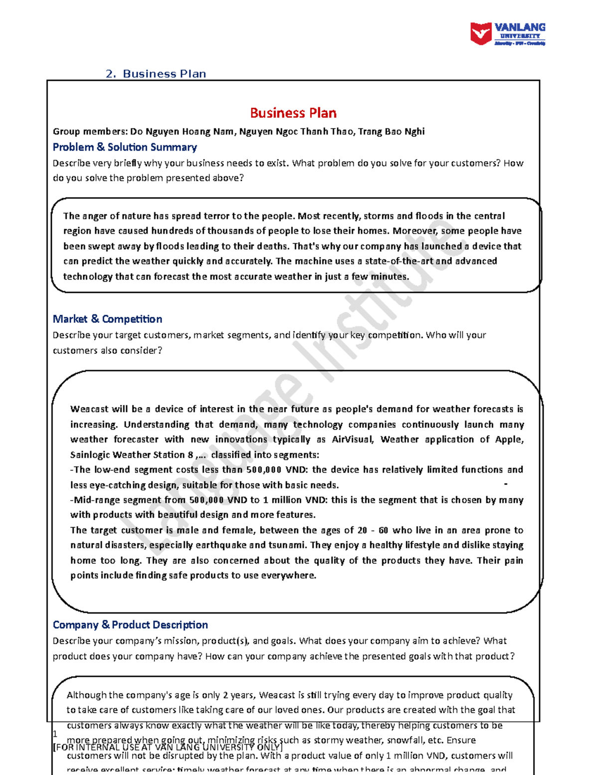 Group 2 Business Plan - Business Plan Business Plan Group members: Do ...