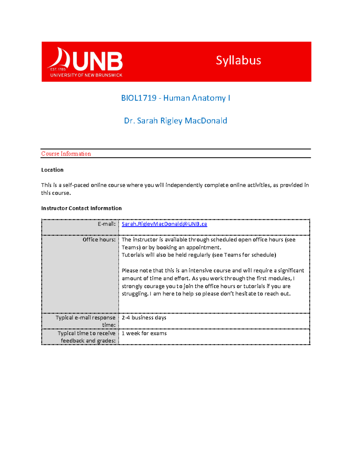BIOL1719 - Human Anatomy I Course Syllabus - May 2023 Edition - Studocu