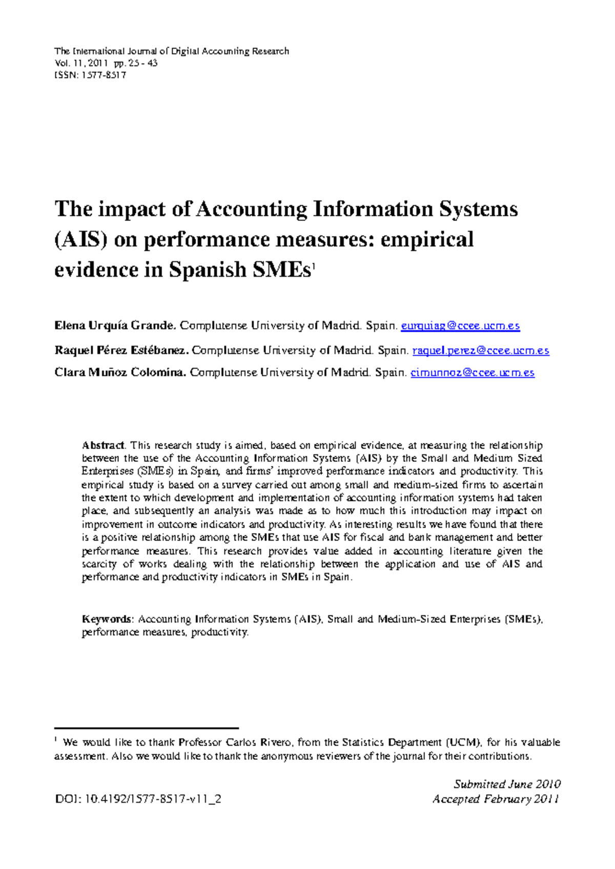 The Impact of AIS on Performance Measures in Spanish SMEs: Empirical ...