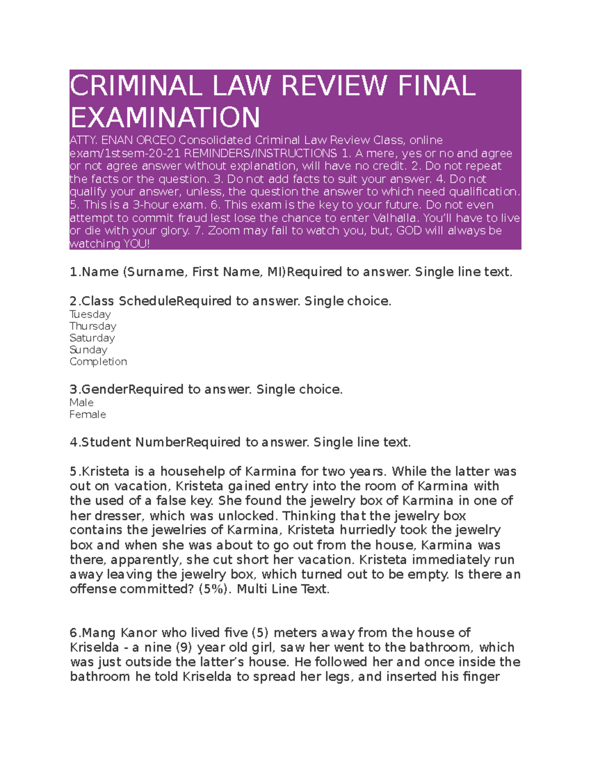 Final-EXAM CRIM2 AUSL - CRIMINAL LAW REVIEW FINAL EXAMINATION ATTY ...