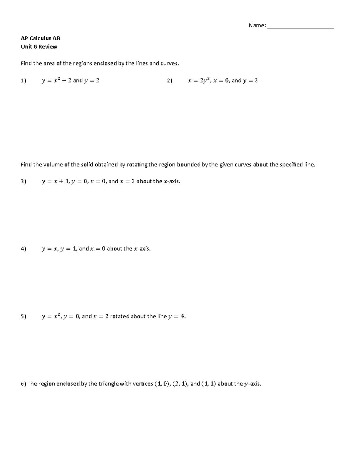 AP Calculus AB Unit 6 Review: Area & Volume Problems - Studocu