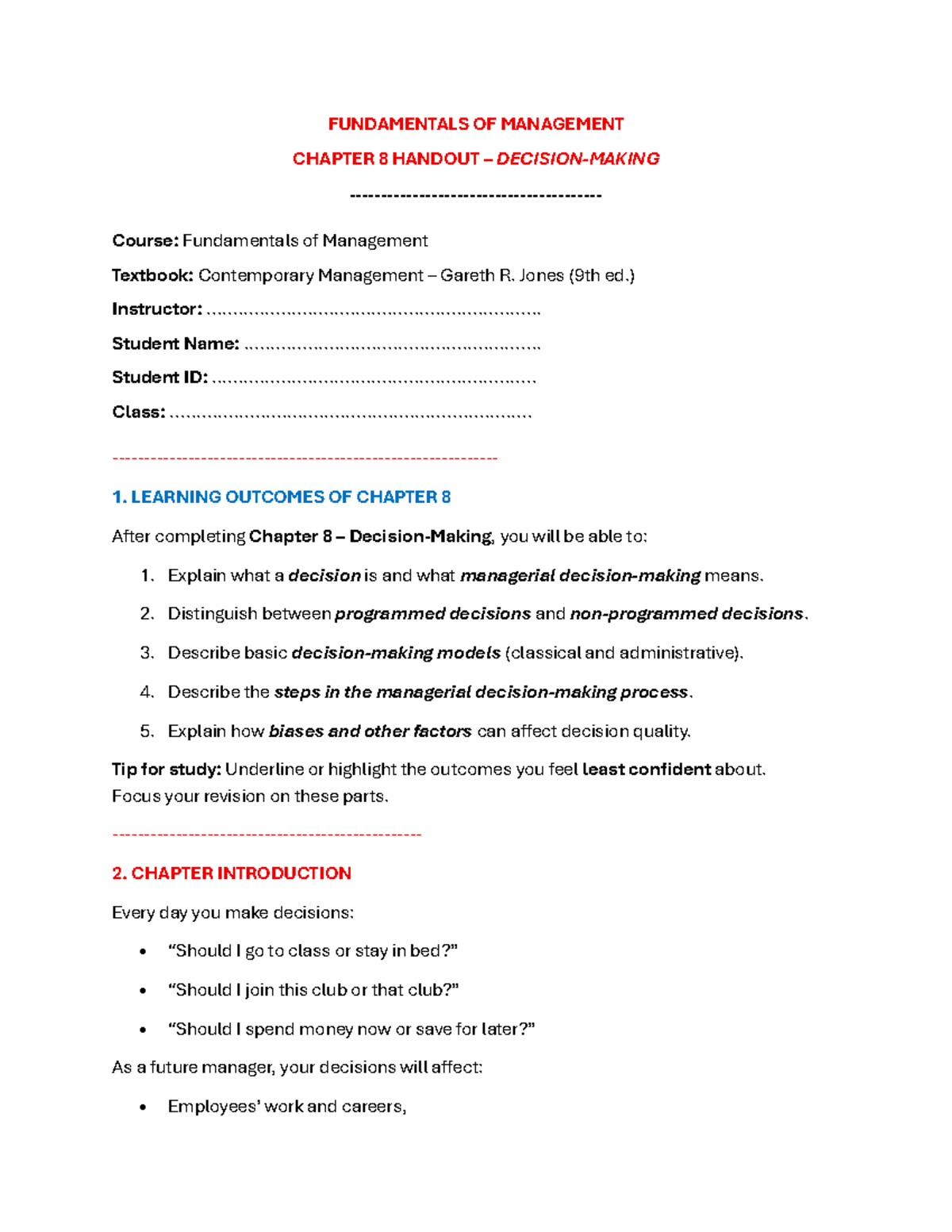 FUNDAMENTALS OF MANAGEMENT CHAPTER 8 HANDOUT: Decision-Making Models ...