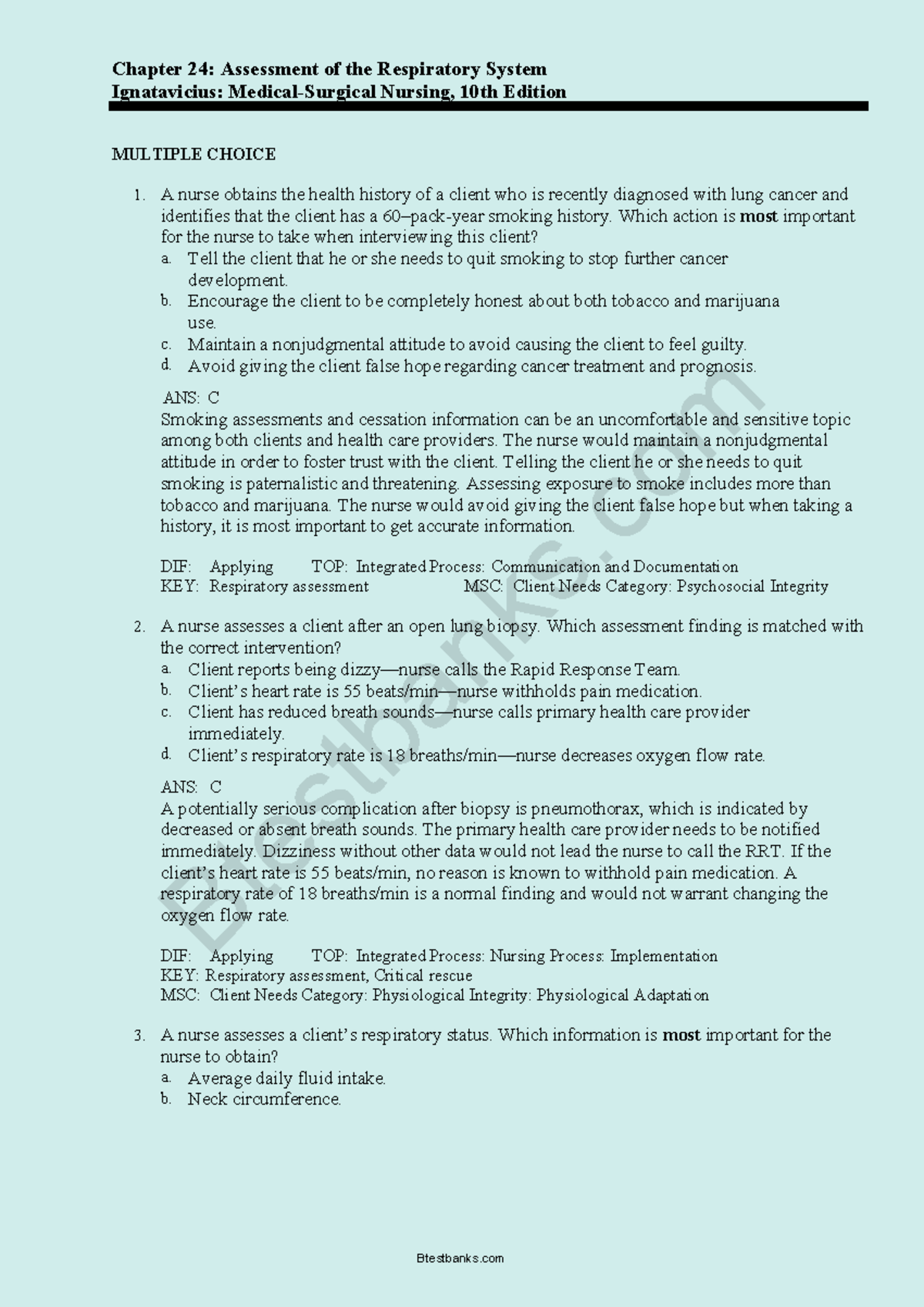 Respiratory System Assessment: Multiple Choice Questions from IGGY 10th ...