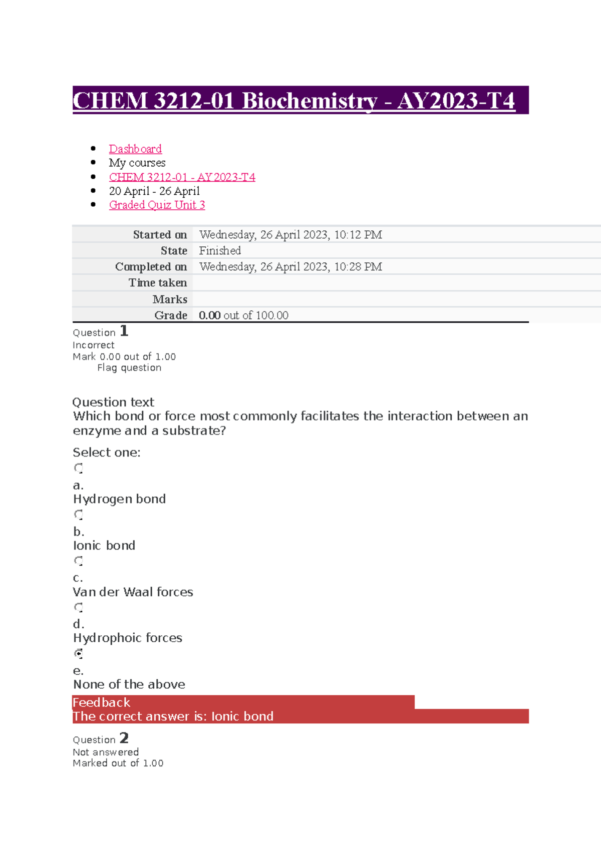 Graded Quiz 1 Review - CHEM 3212 Biochemistry Unit 3 - Studocu