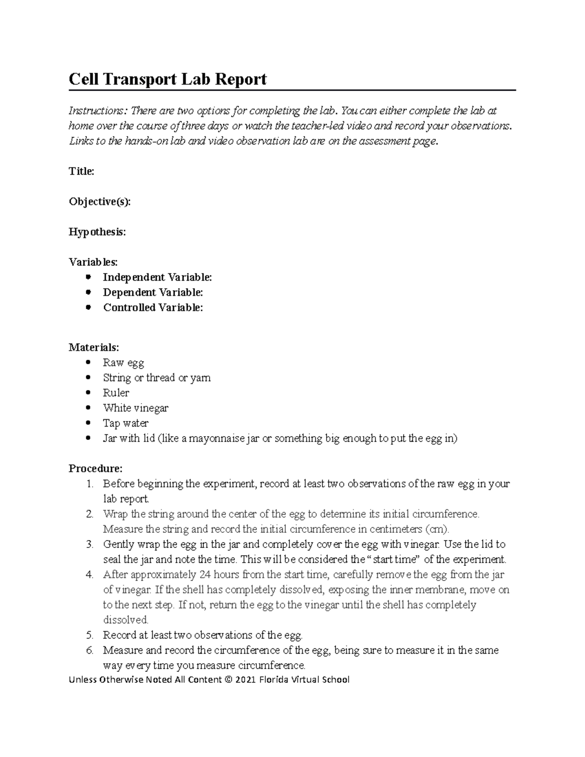 Cell Transport Lab - You can either complete the lab at home over the ...