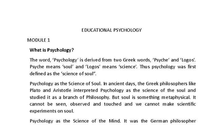 EDUCATIONAL PSYCHOLOGY MODULE 1: Understanding Psychology Concepts ...