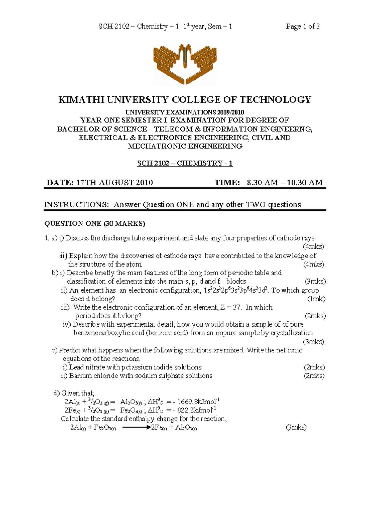 SCH 2102 Chemistry 1 Final Exam - August 2010 - Studocu