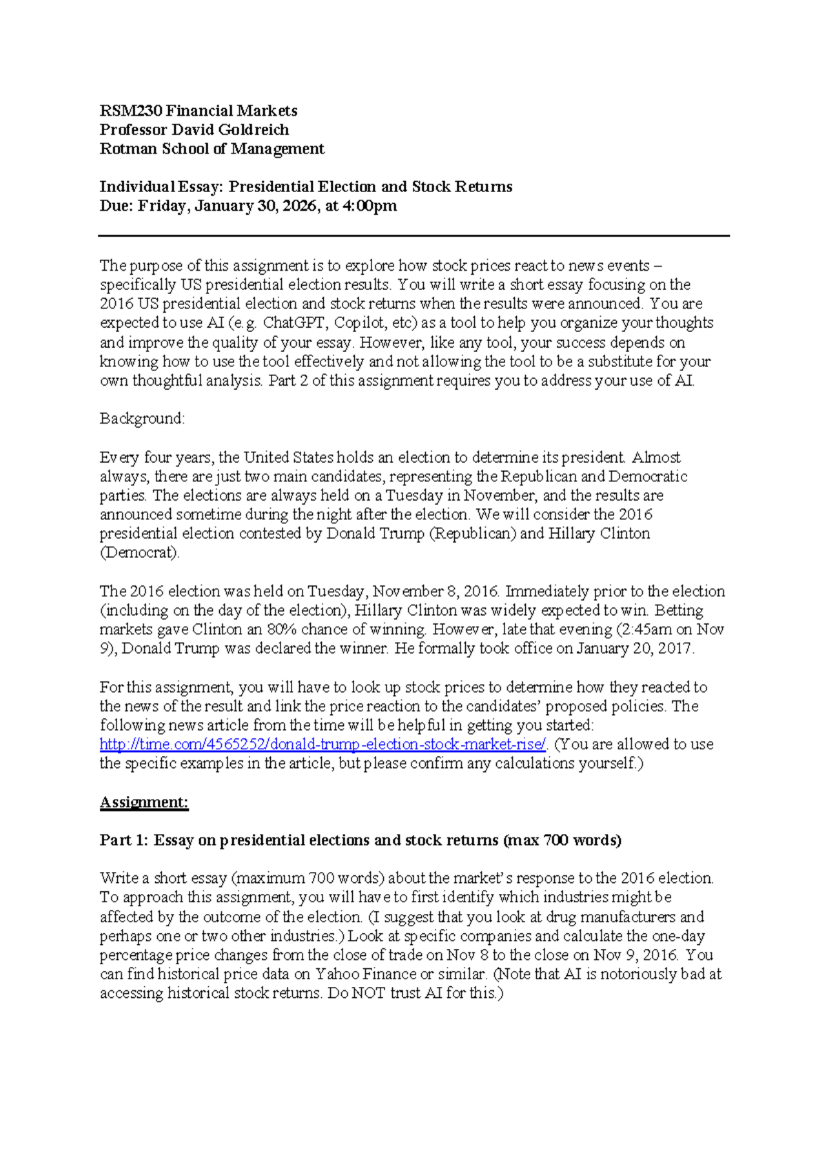 RSM230 Individual Essay: Stock Market Reactions to 2016 Election ...