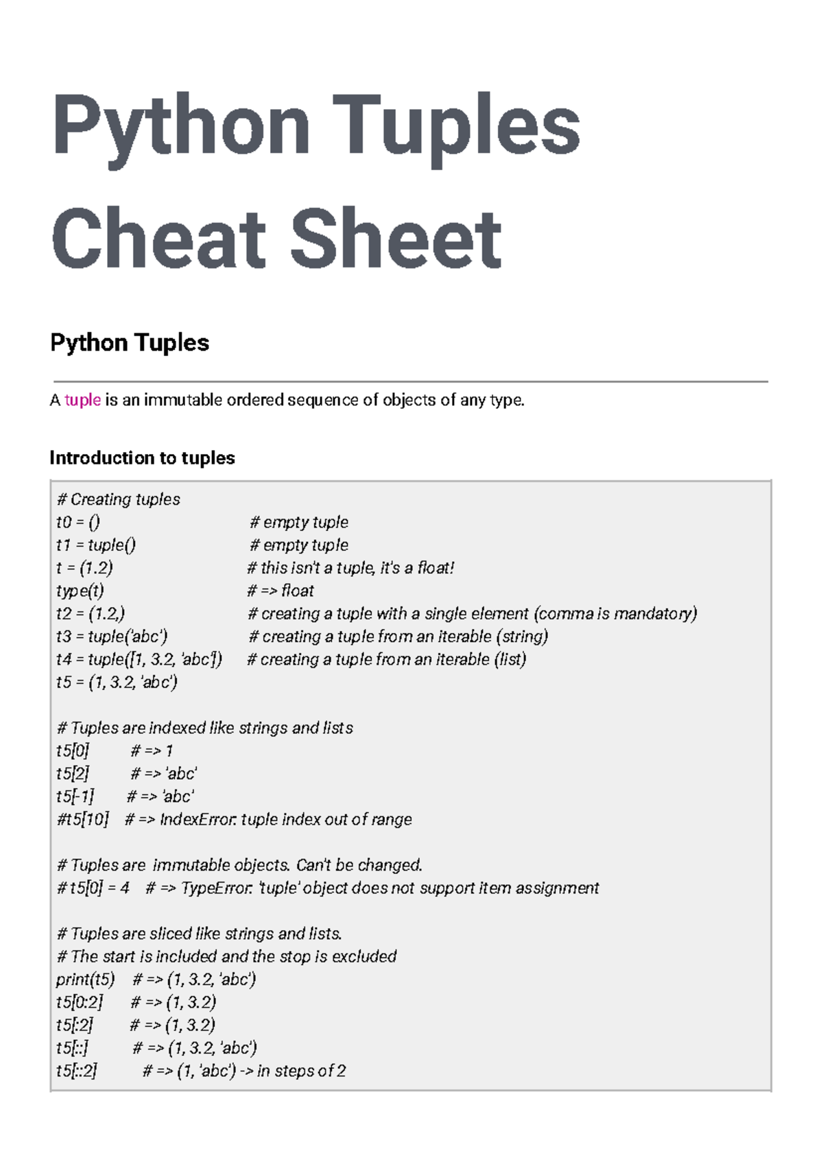 Python Tuples Cheat Sheet: Key Concepts and Examples - Studocu