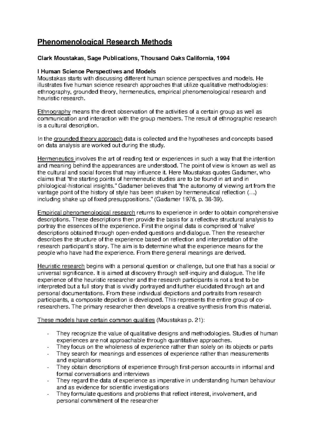 Moustakas - Comprehensive Overview of Phenomenological Research Methods ...