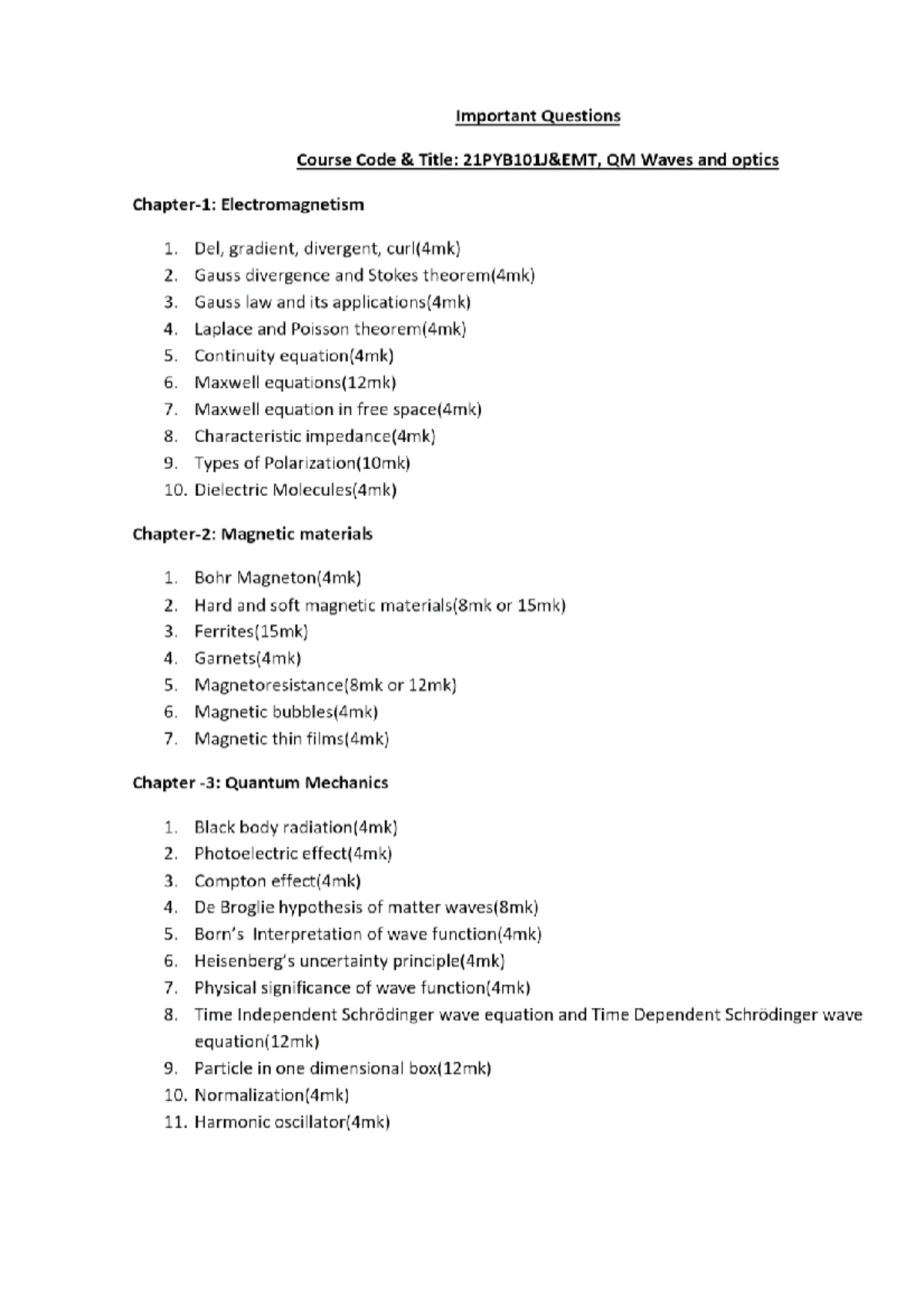 Multiple Choice questions Test - 21PYB101J-Physics – Electromagnetic ...