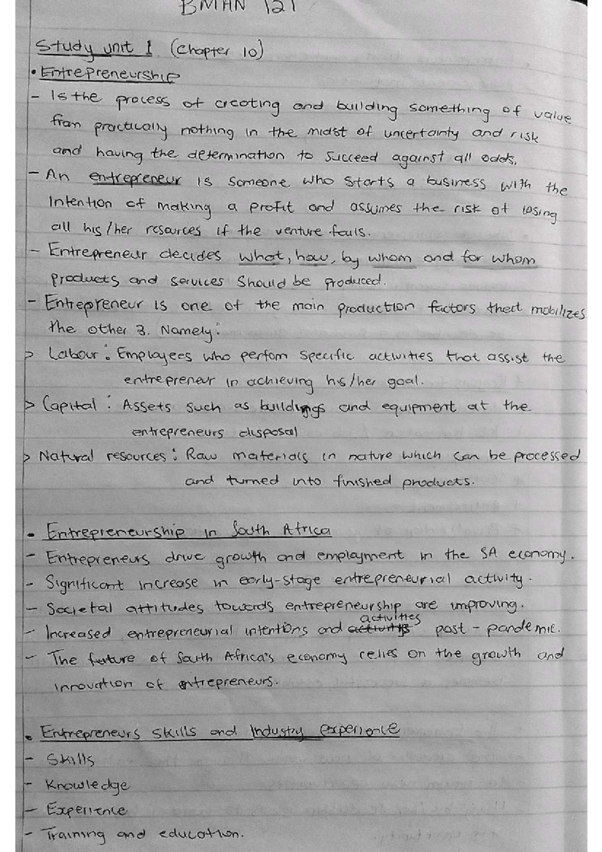 BMAN 121 SU1 Notes - Chapter 10: Entrepreneurship Fundamentals - Studocu