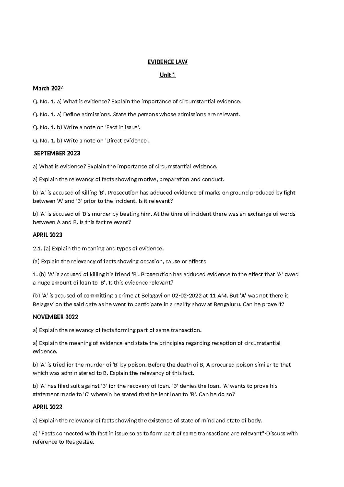 Evidence LAW - 80-20 - EVIDENCE LAW Unit 1 March 2024 Q. No. 1. a) What ...