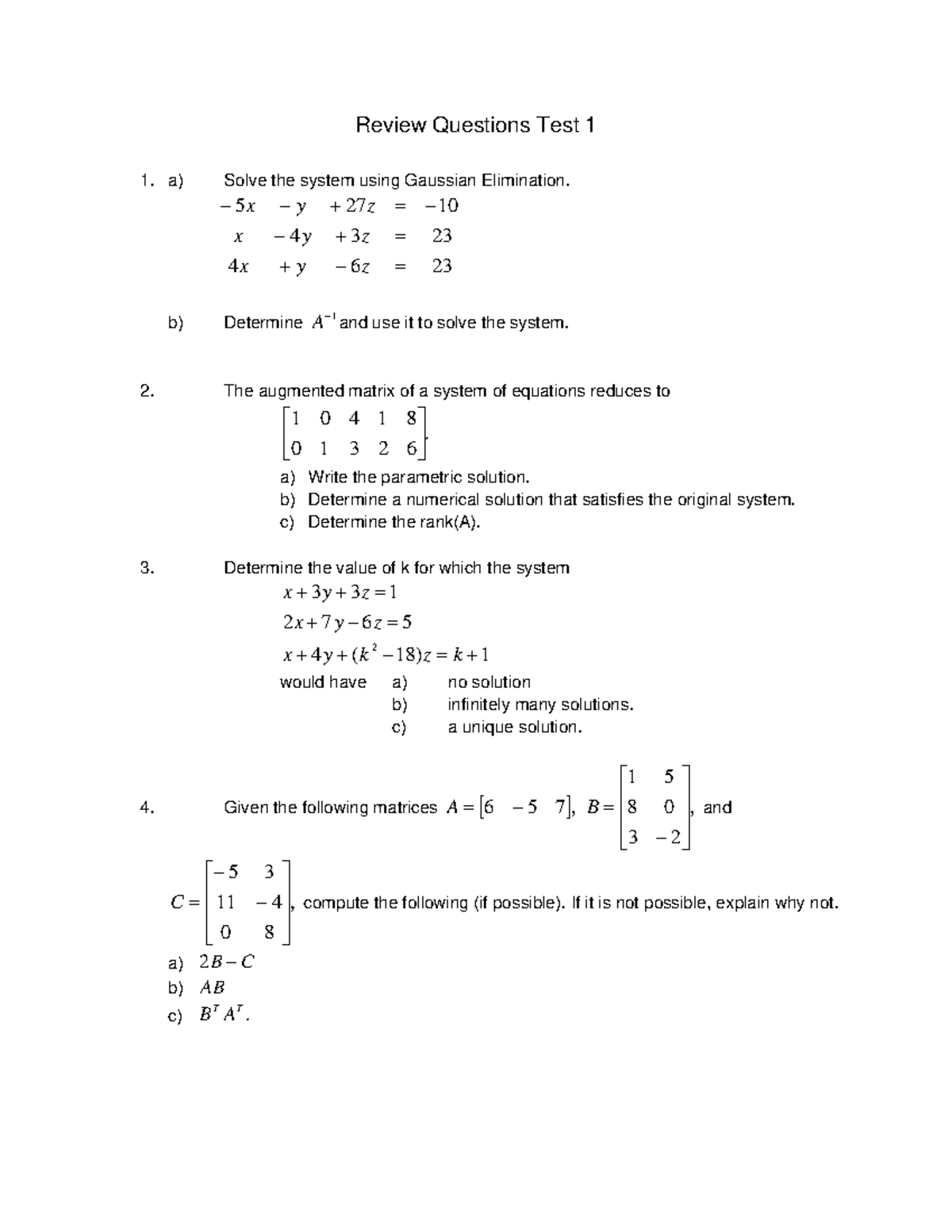 208 Review Test 1 W26 - Gaussian Elimination & Matrix Solutions - Studocu