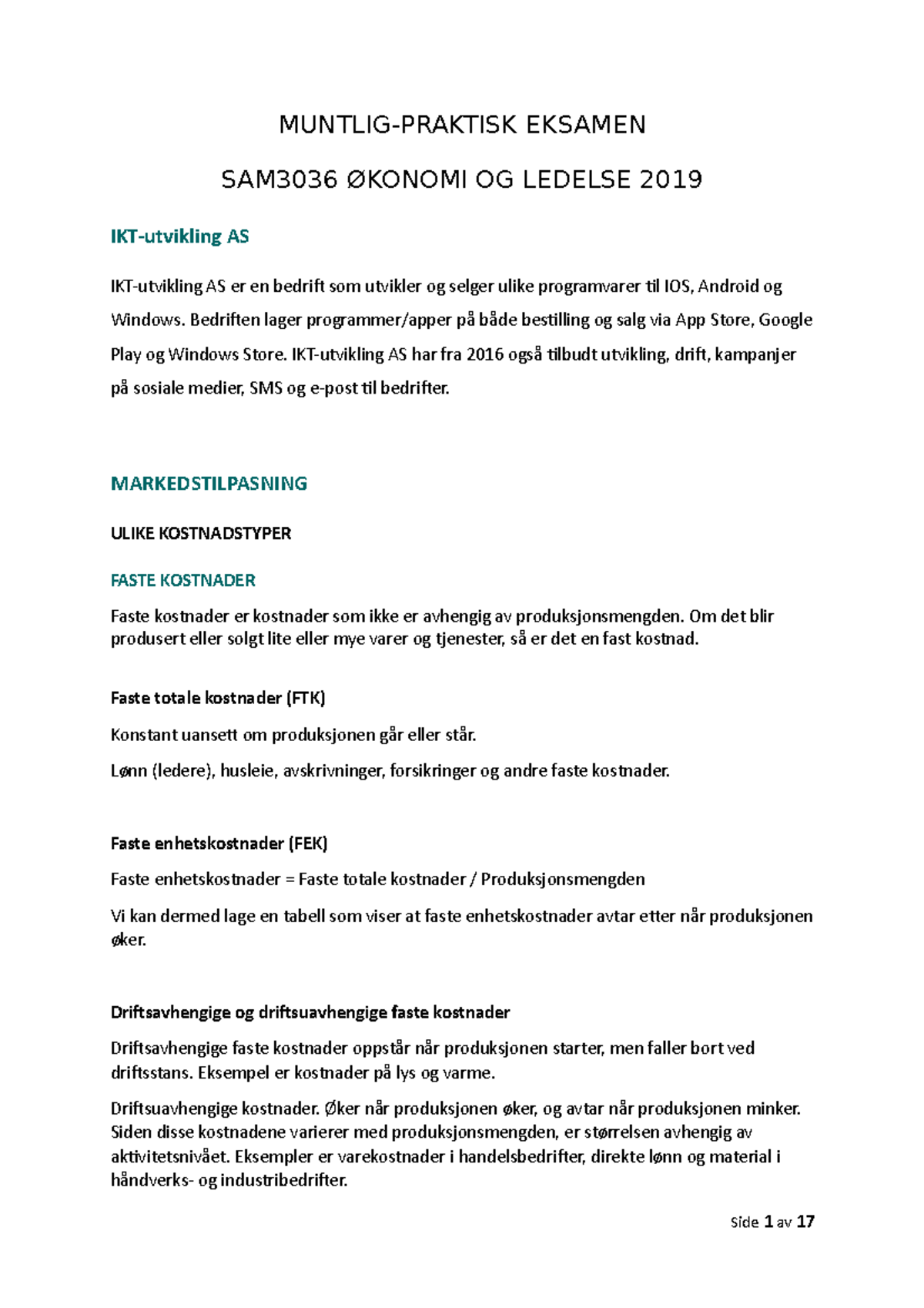 Økonomi og ledelse - Muntlig-praksis eksamen - MUNTLIG-PRAKTISK EKSAMEN SAM3036 ØKONOMI OG ...