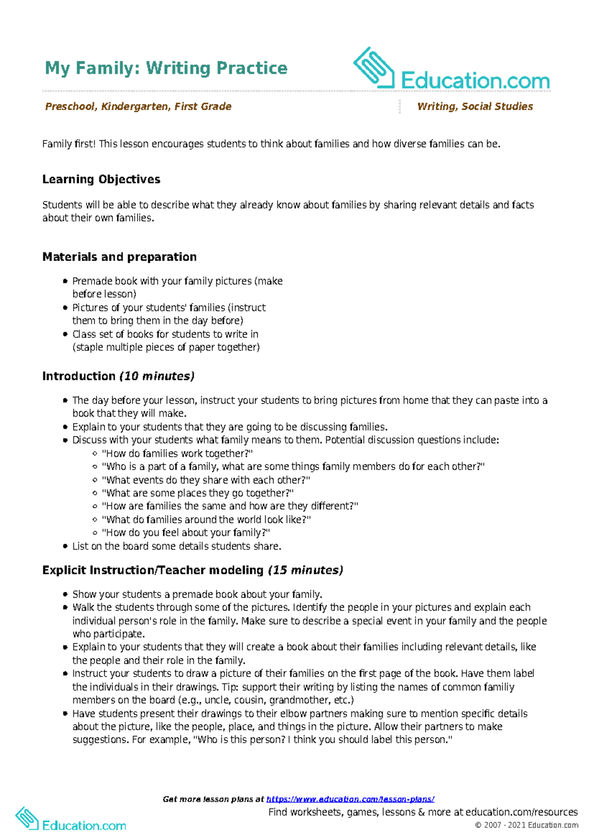 Family Diversity Lesson Plan for Preschool to 1st Grade Writing - Studocu