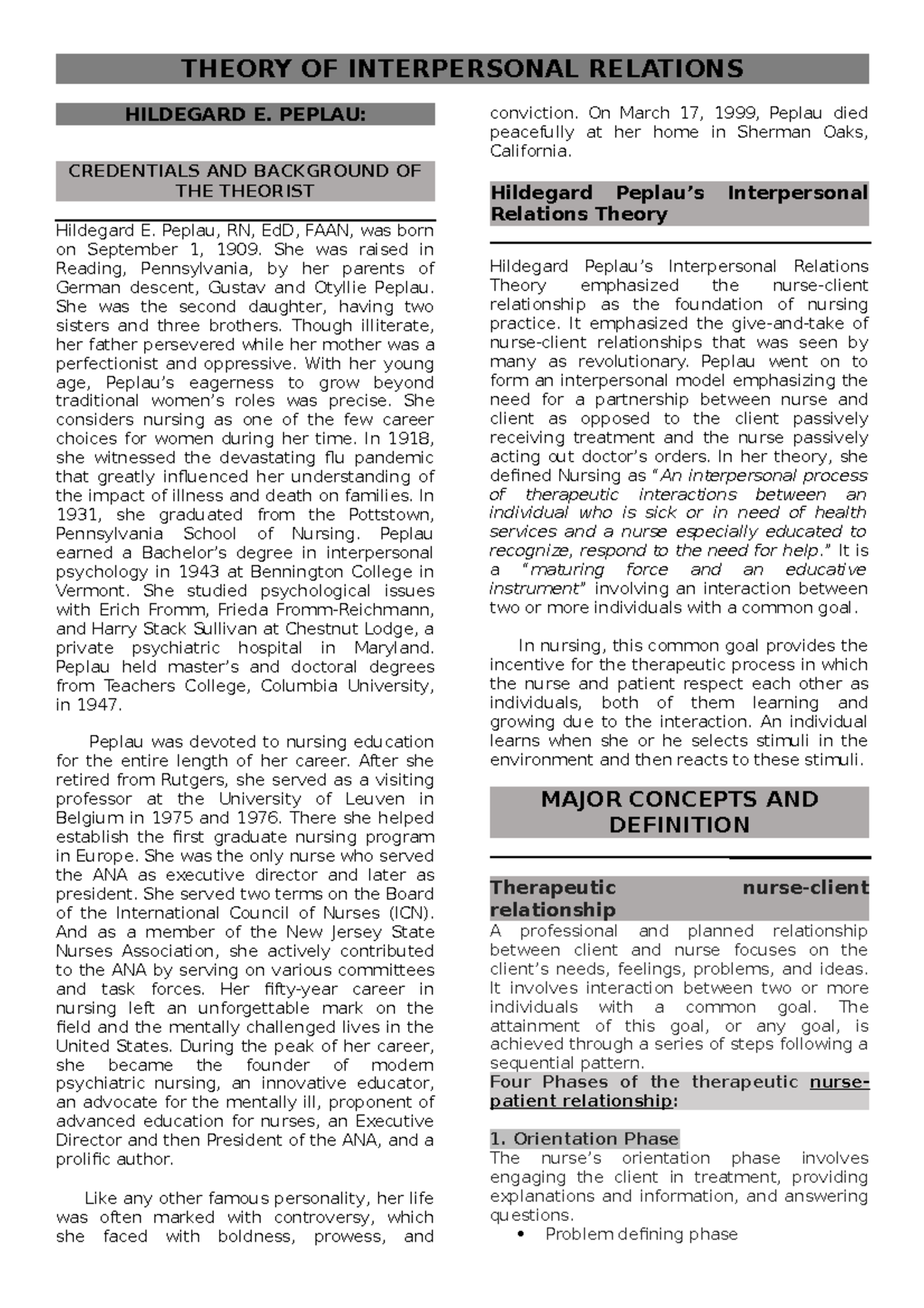 Theory of Interpersonal Relations - HILDEGARD E. PEPLAU: CREDENTIALS ...