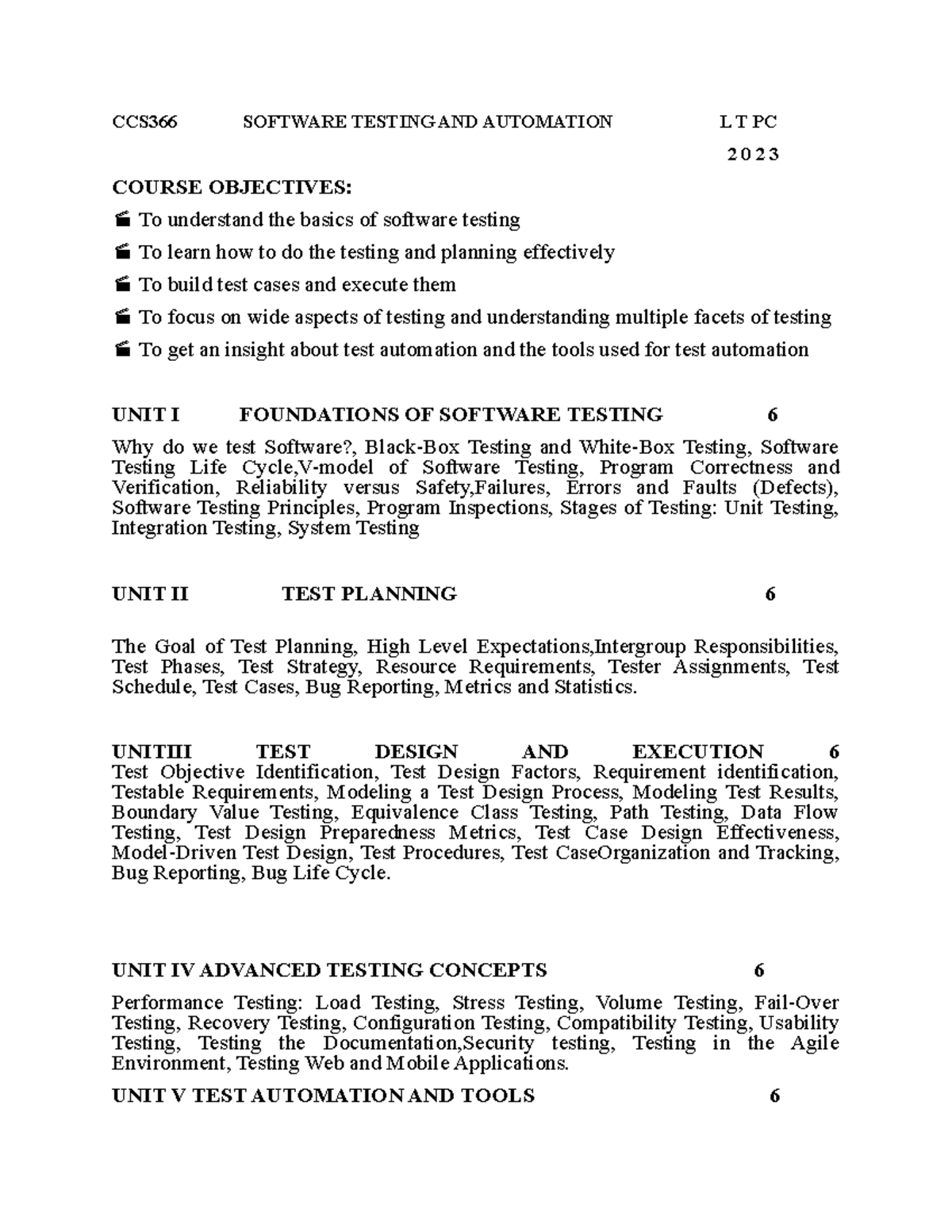 CCS366 Syllabus: Software Testing & Automation Overview (2023) - Studocu