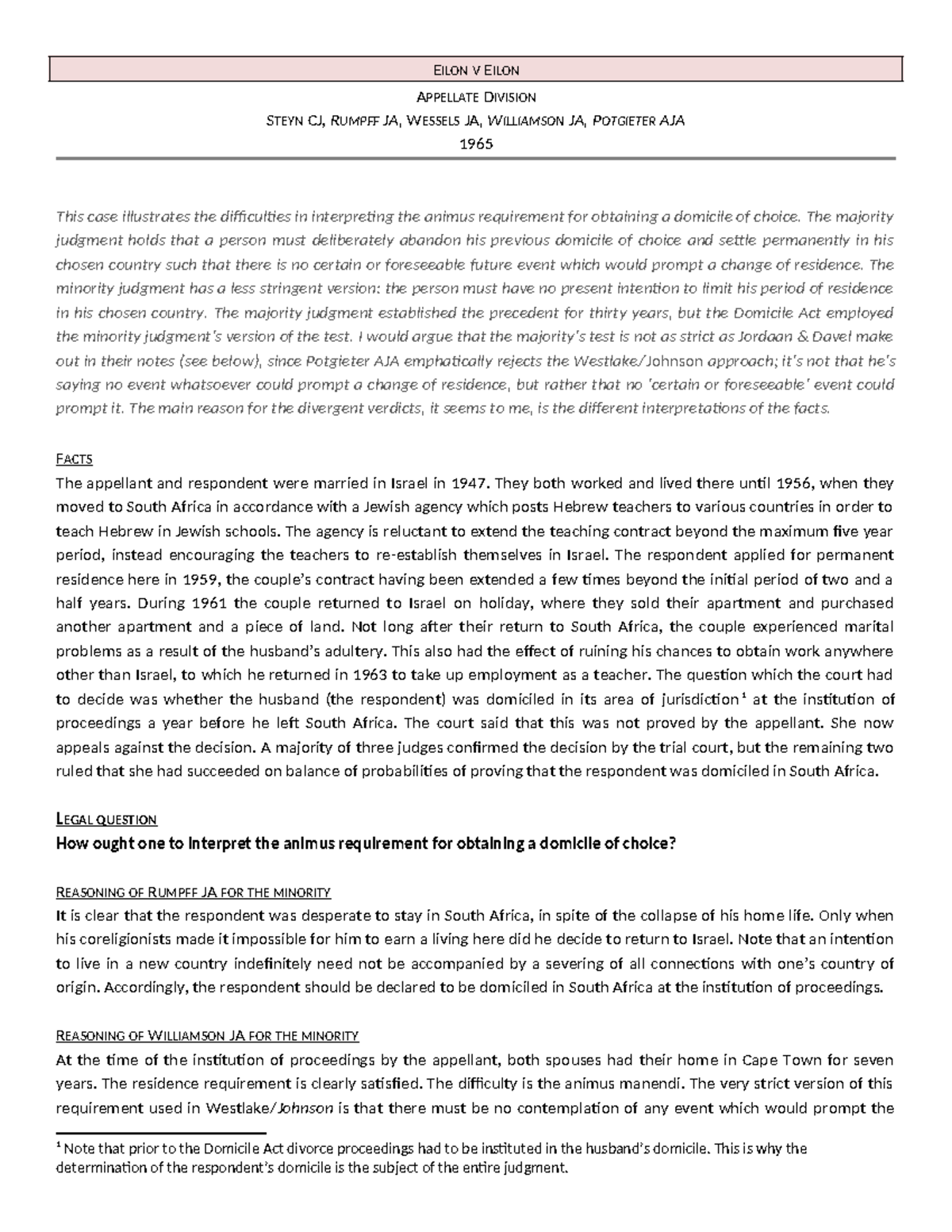 Eilon v Eilon 1965 1 SA 703 A - Case Study on Domicile Interpretation ...