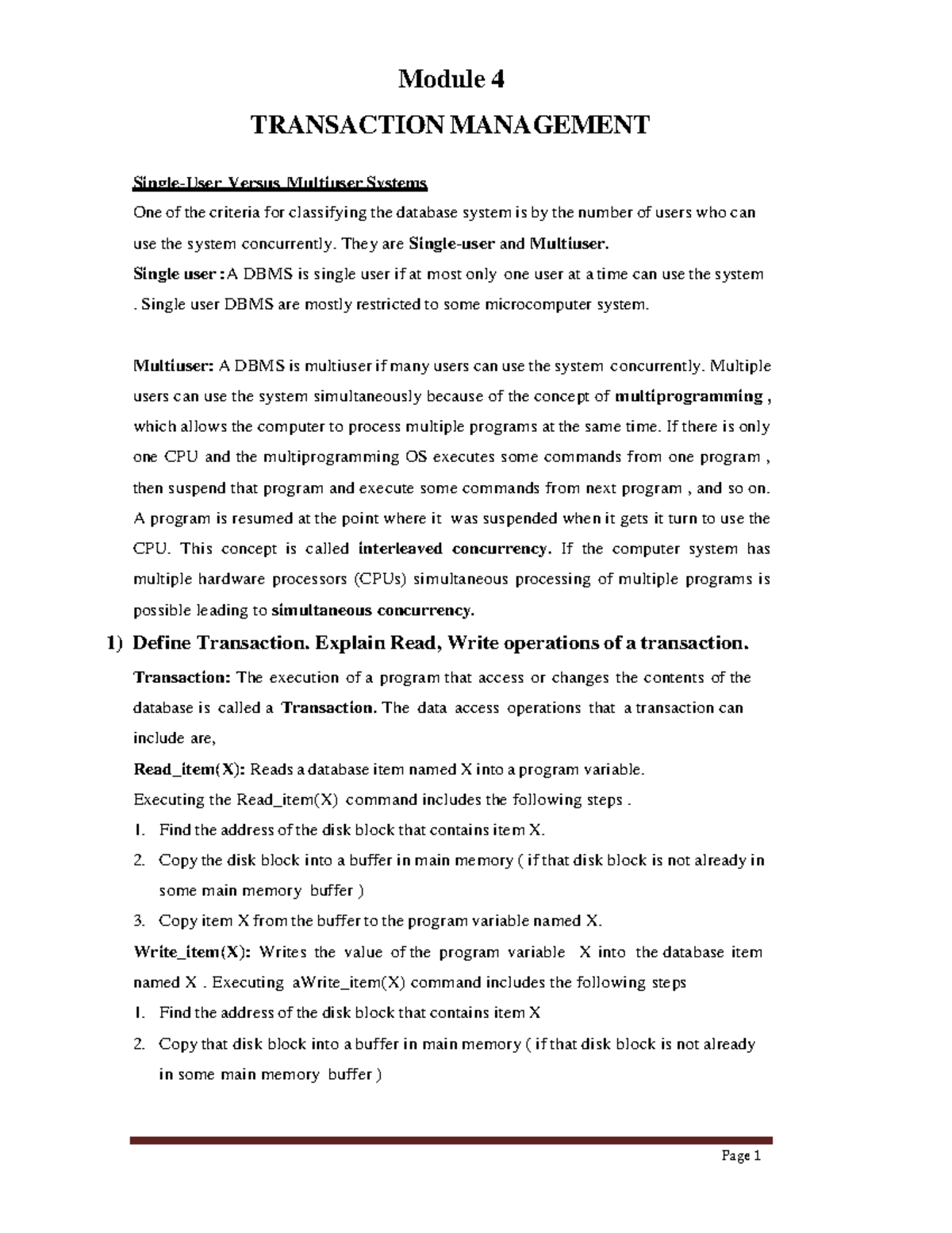 DBMS Module 4: Transaction Management vs Multiuser Systems - Notes ...
