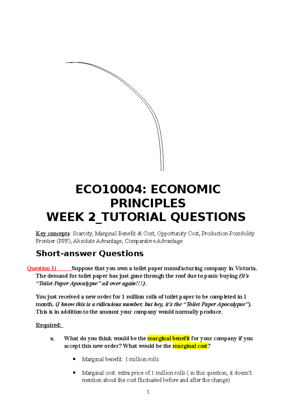 Week 2 Tutorial Answer - for quick reference - ECO10004: ECONOMIC ...