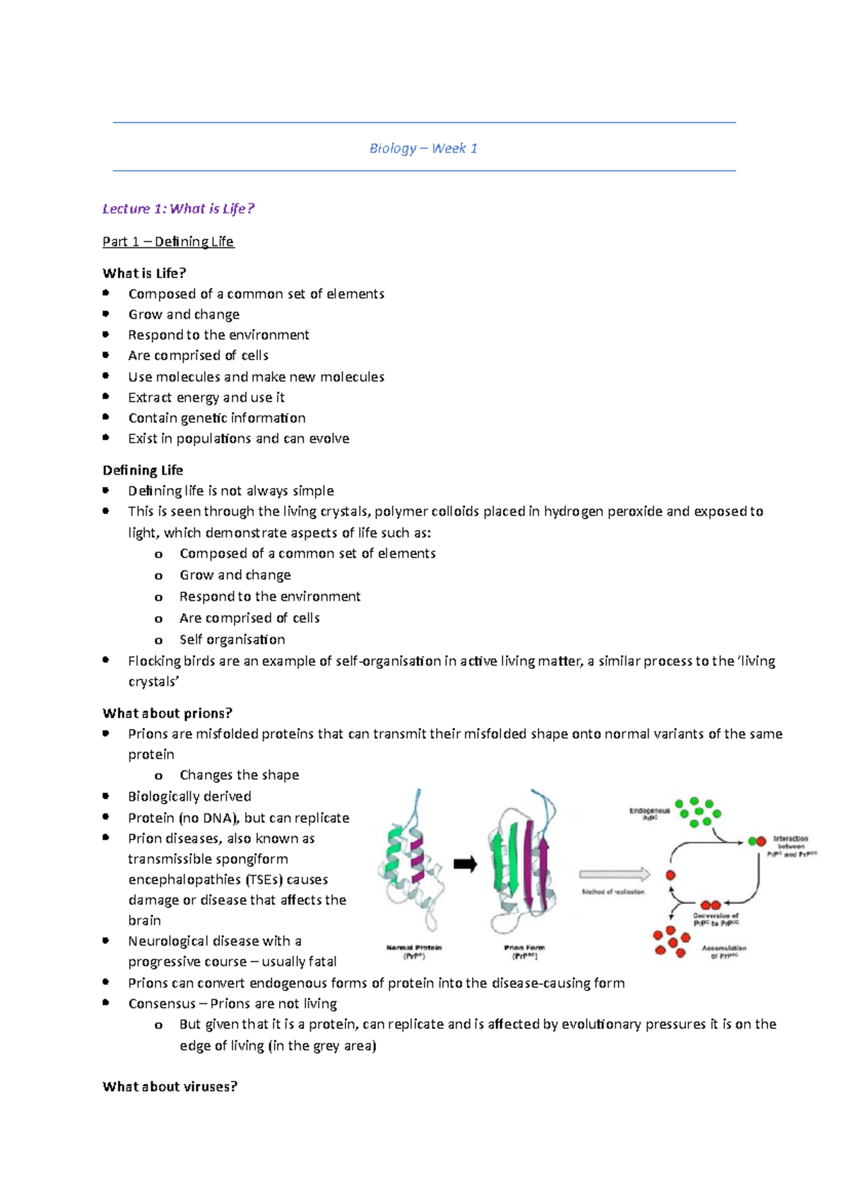 Week 1 - Lecture Notes - Biology – Week 1 Lecture 1: What is Life? Part ...