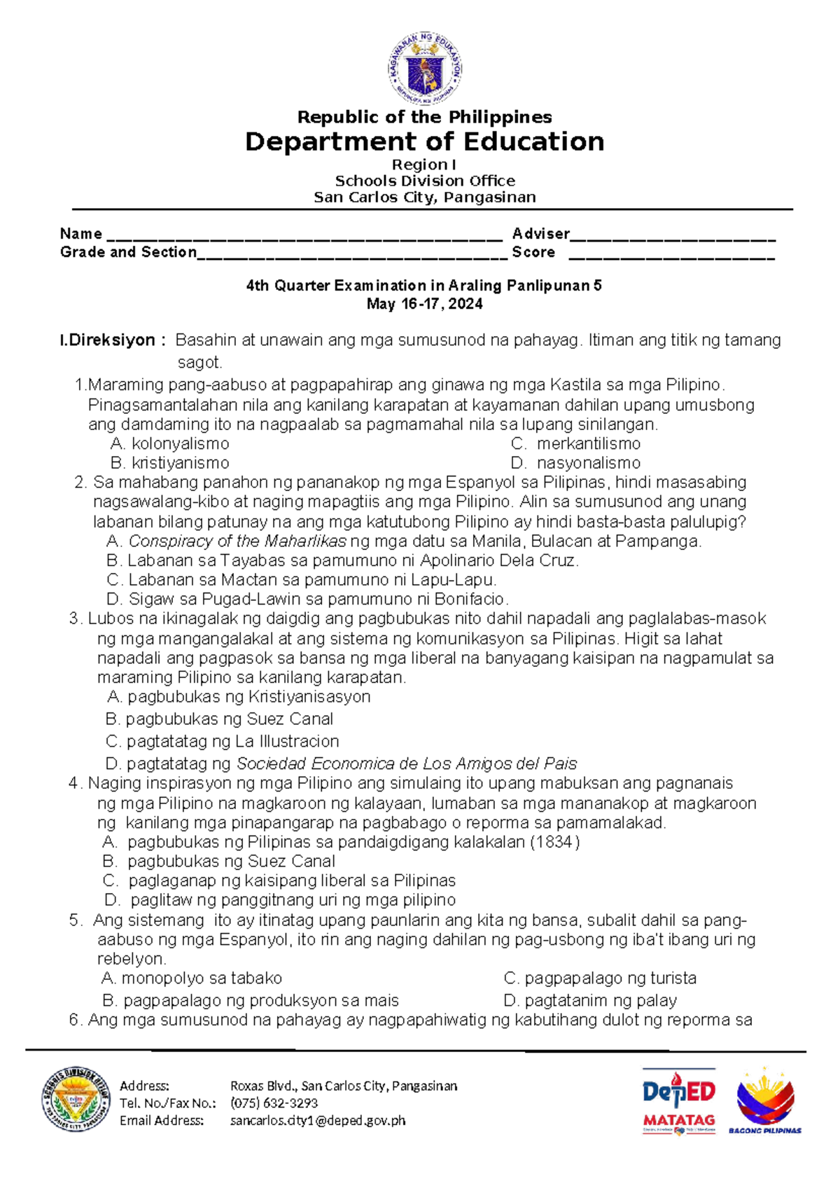 AP5 4th Quarter Exam in Araling Panlipunan with Answer Key - Studocu
