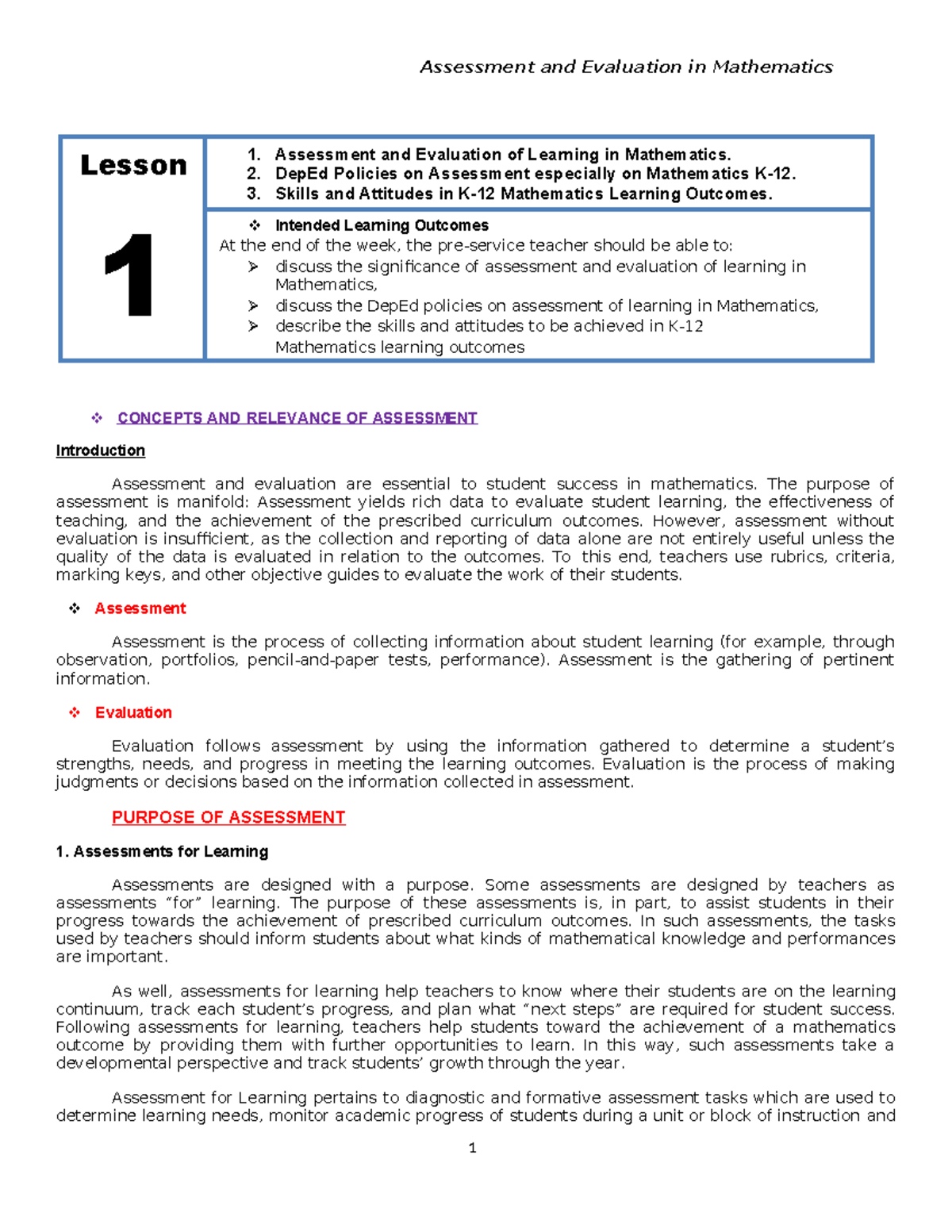 Math 229 Lesson Notes: Assessment and Evaluation in K-12 Mathematics ...