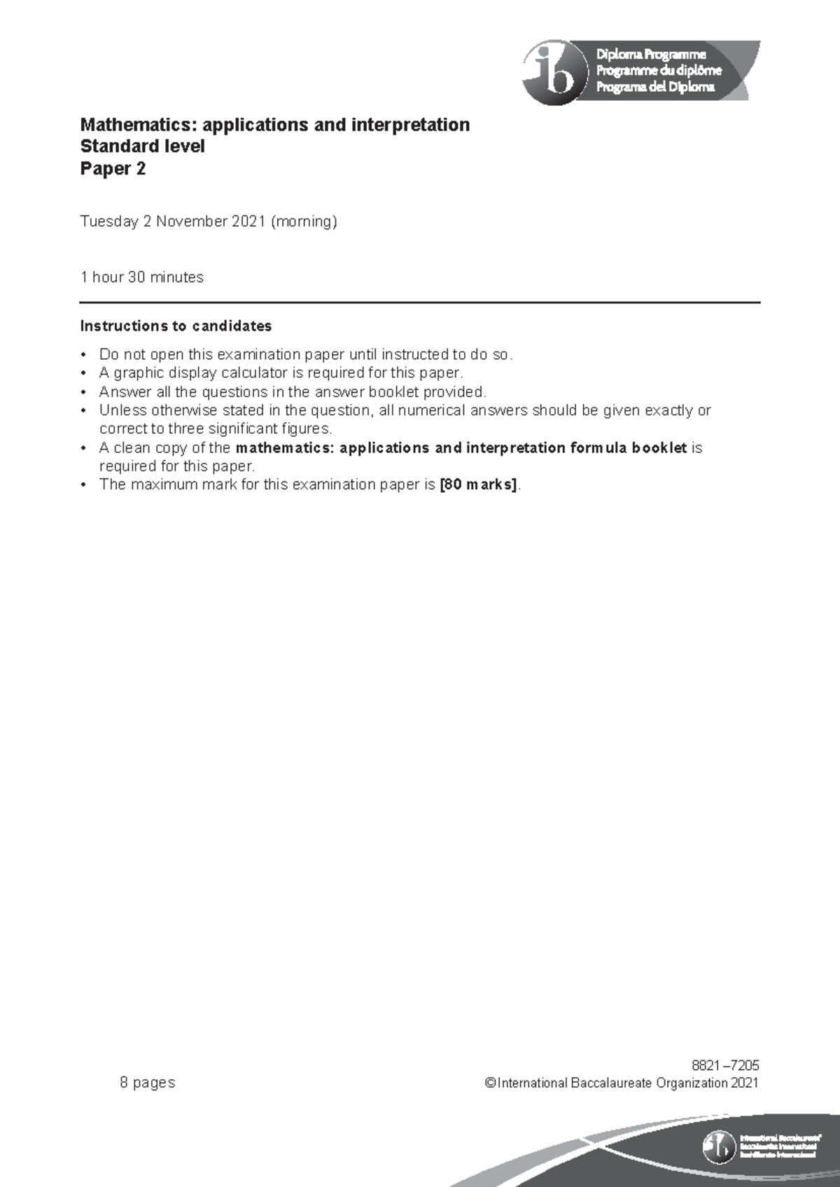 Mathematics SL Paper 2 - IB 8821 – 7205 Exam November 2021 - Studocu