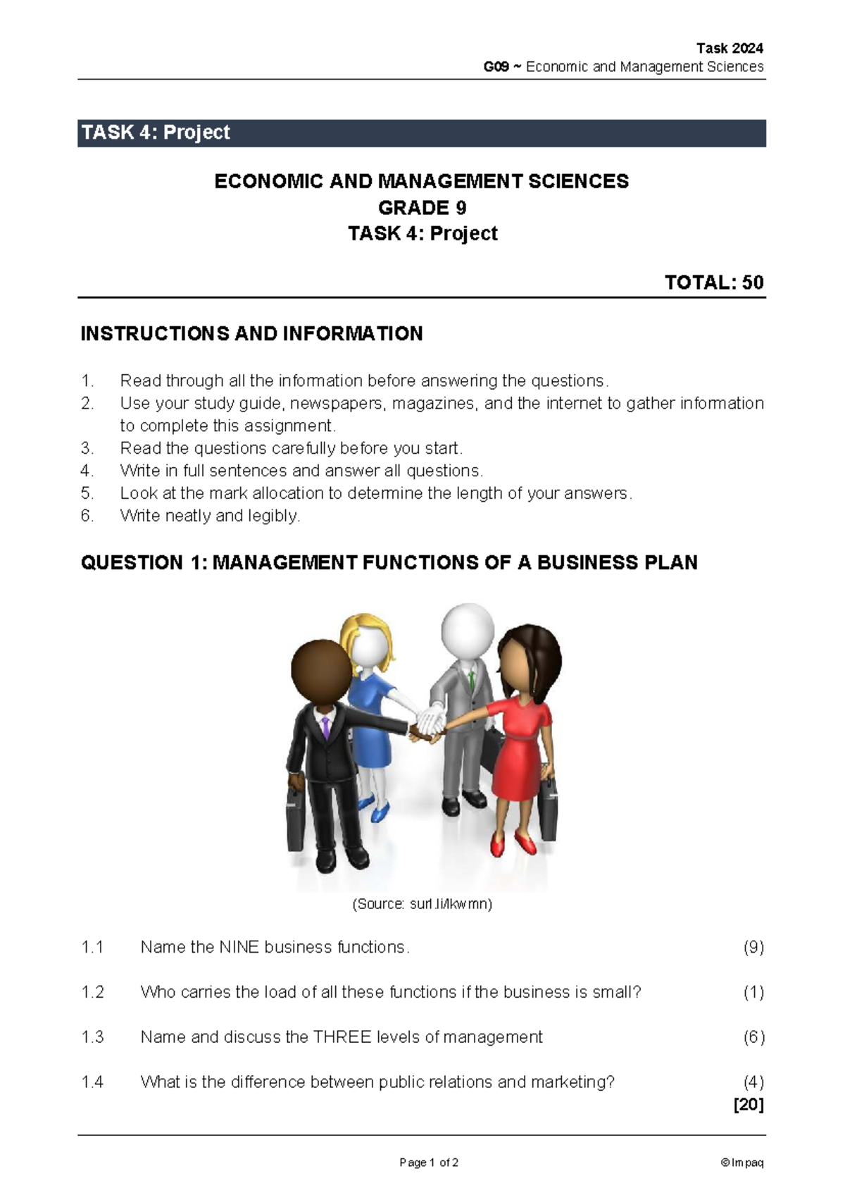 G09 EMS Grade 9 Task 4: Project on Management Functions - Studocu