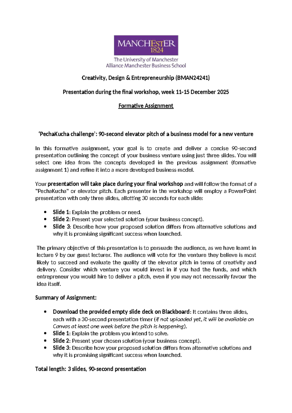 BMAN24241 2025 Final Workshop: Elevator Pitch Presentation Guide - Studocu