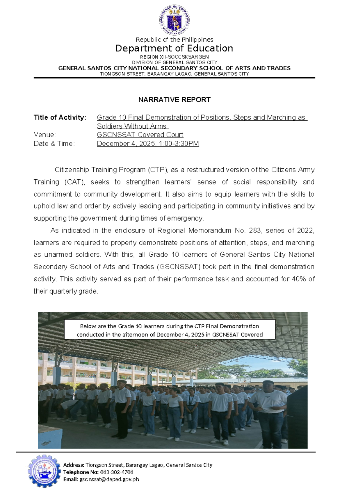 Grade 10 CTP Final Demonstration Report - GSCNSSAT 2025 - Studocu