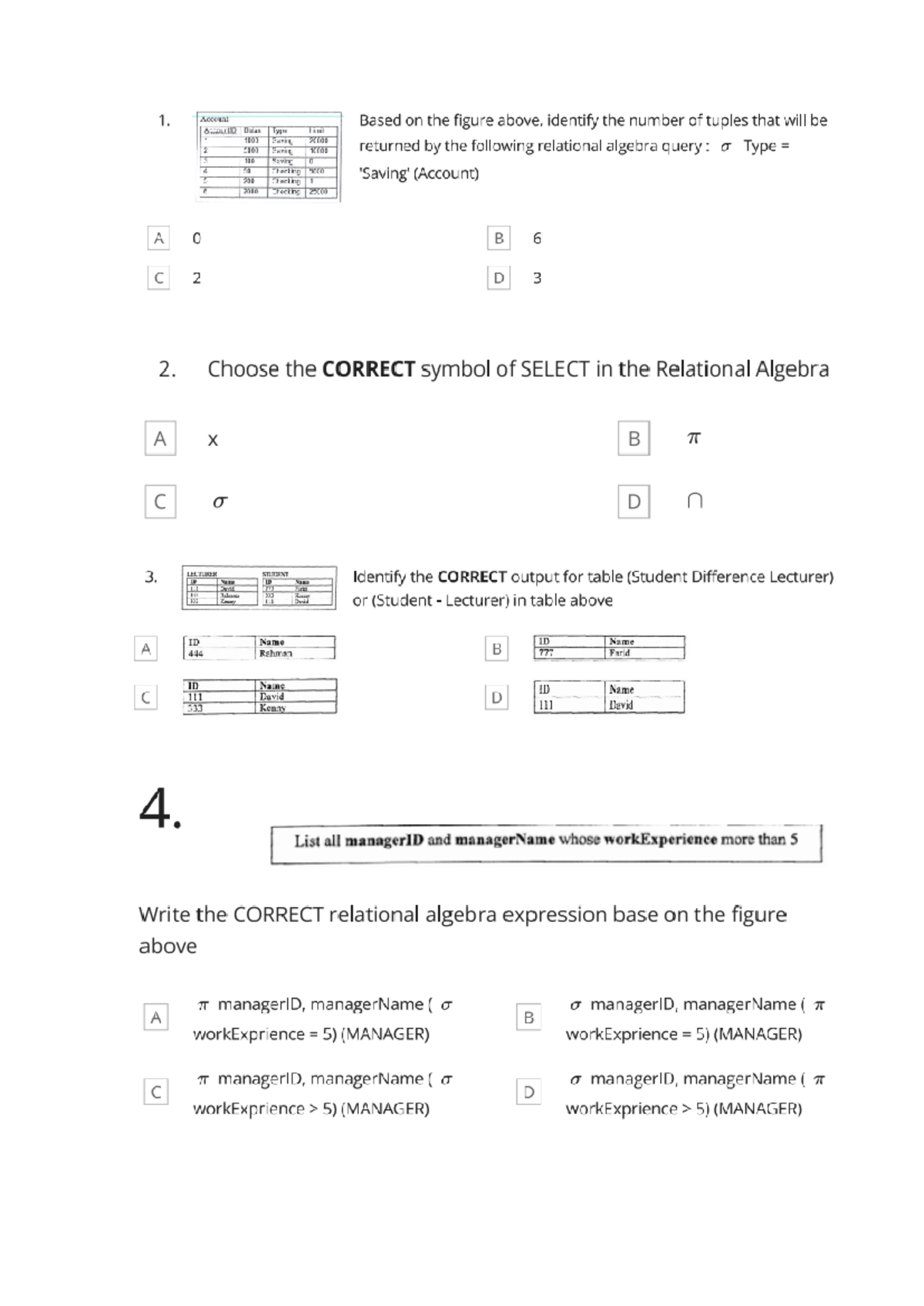 DBI Quiz Relational Algebra 2 - database - Studocu